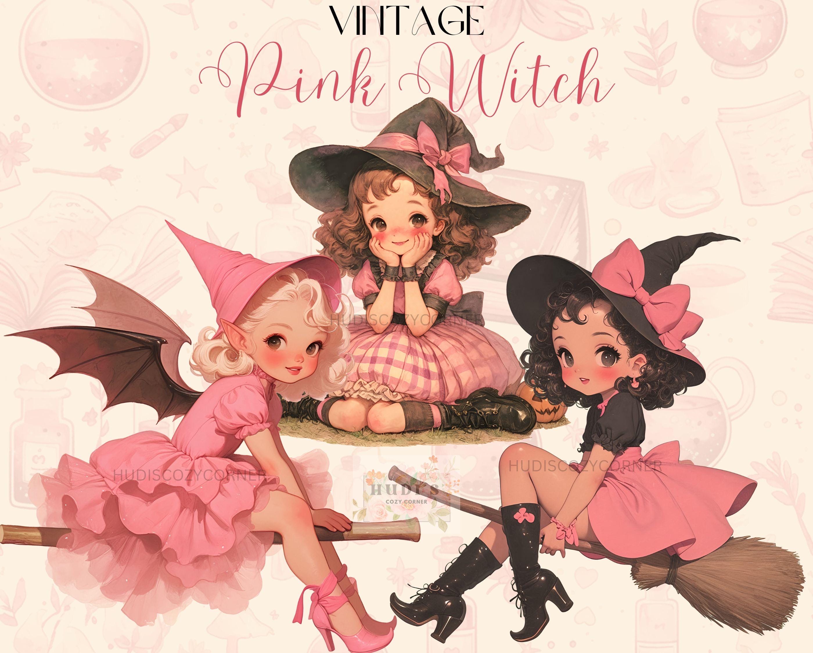 13 Vintage Pink Witch Clipart Bundle, Watercolor Pink and Black ...