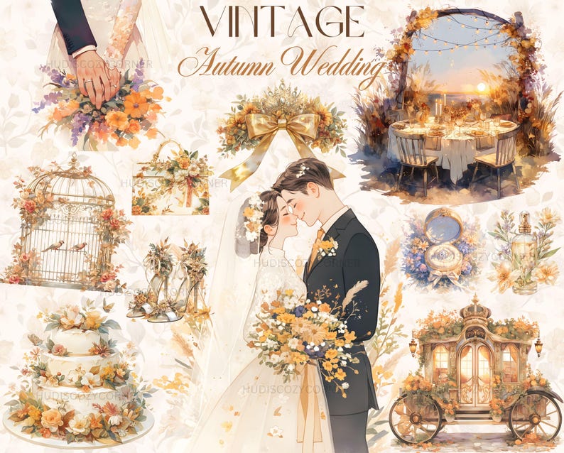 37 Vintage Autumn Wedding Clipart Bundle, Watercolor Bride and Groom ...