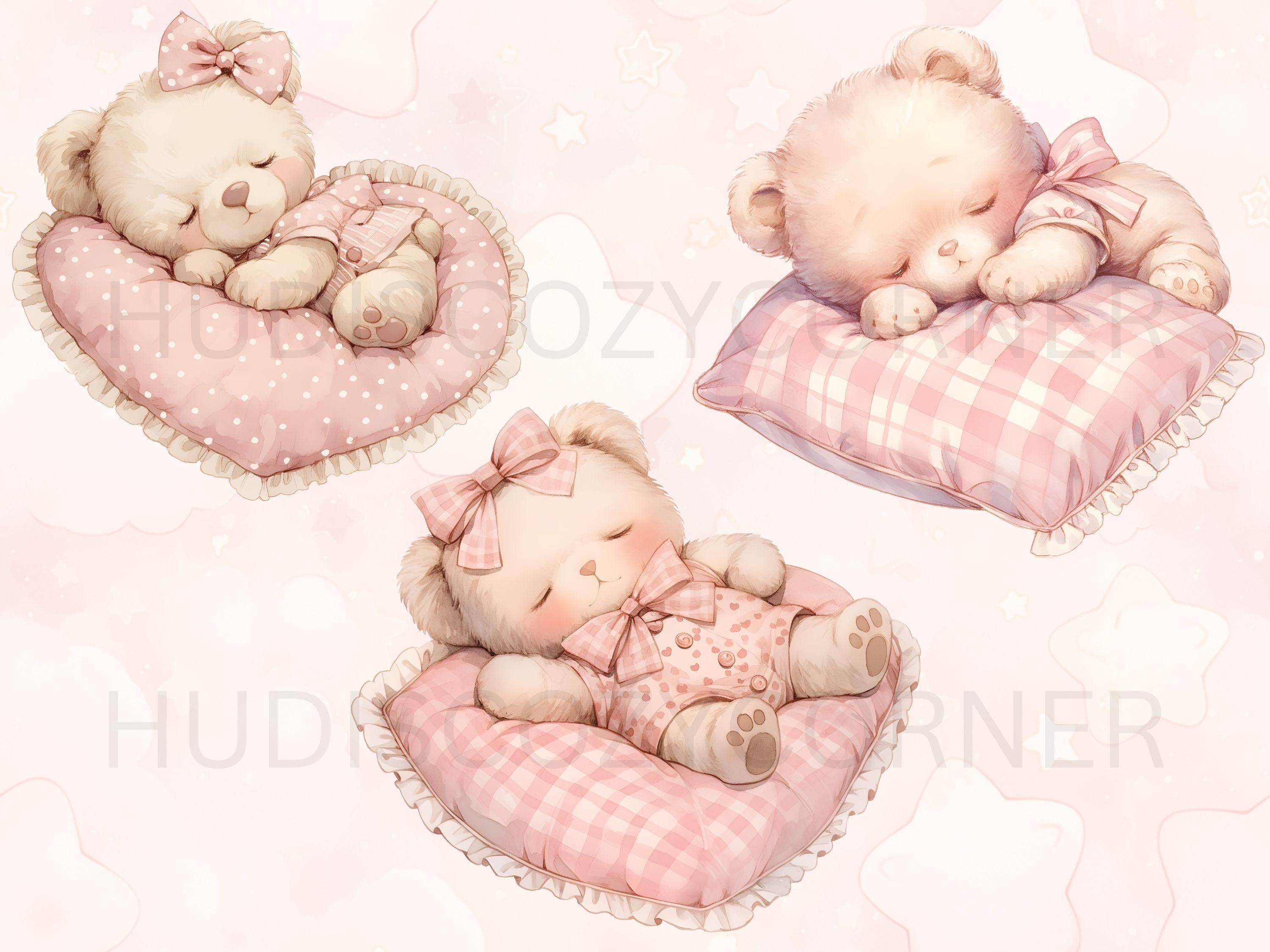 17 Cute Sleeping Teddy Bear Clipart Bundle, Watercolor Pink Teddies on ...