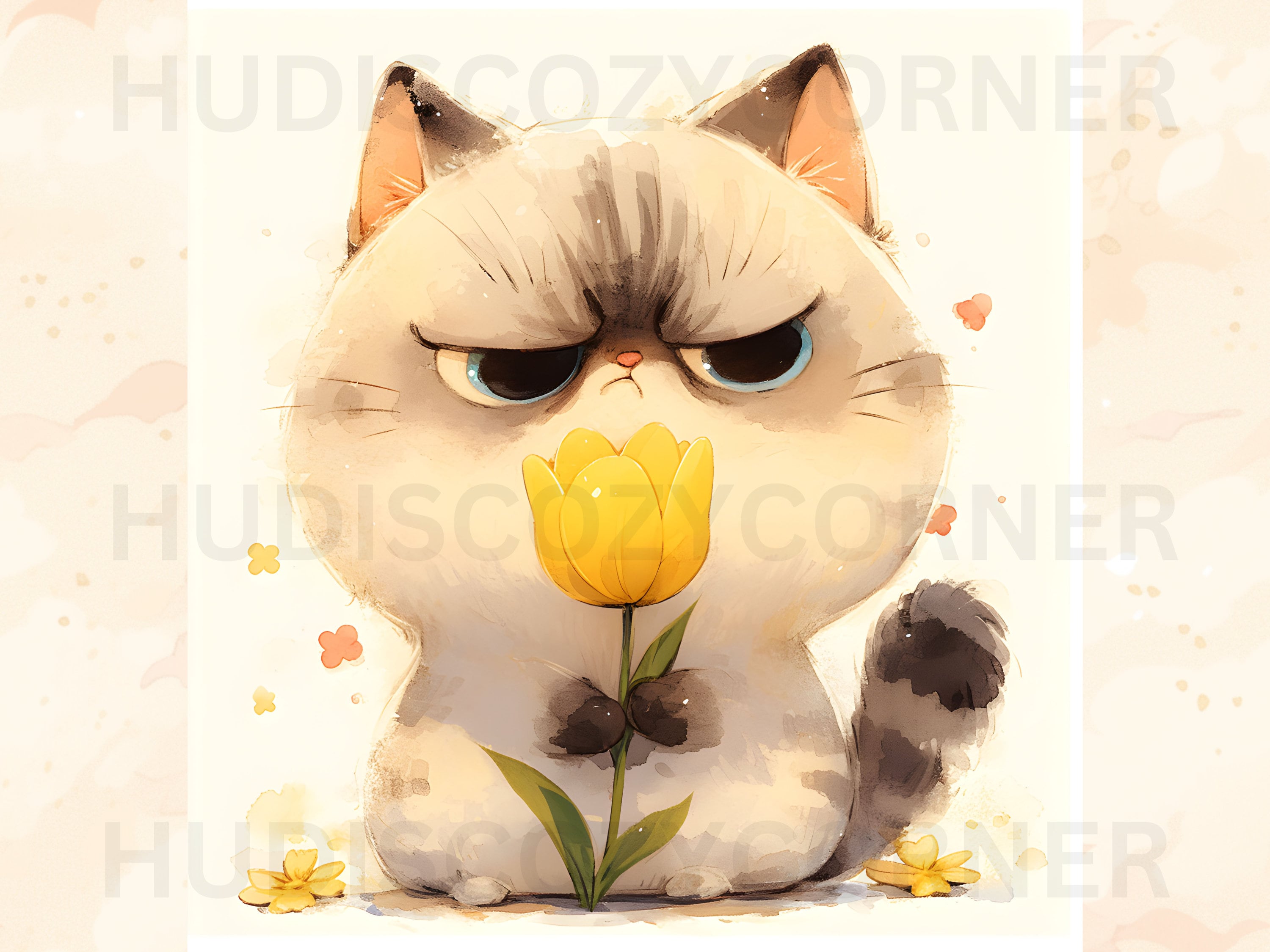 5 Grumpy Flower Cat Clipart, Printable Watercolor JPG Angry Kittens ...