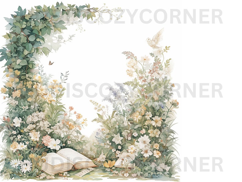 11 Watercolor Floral Book Border Clipart, Watercolor Flower Books ...