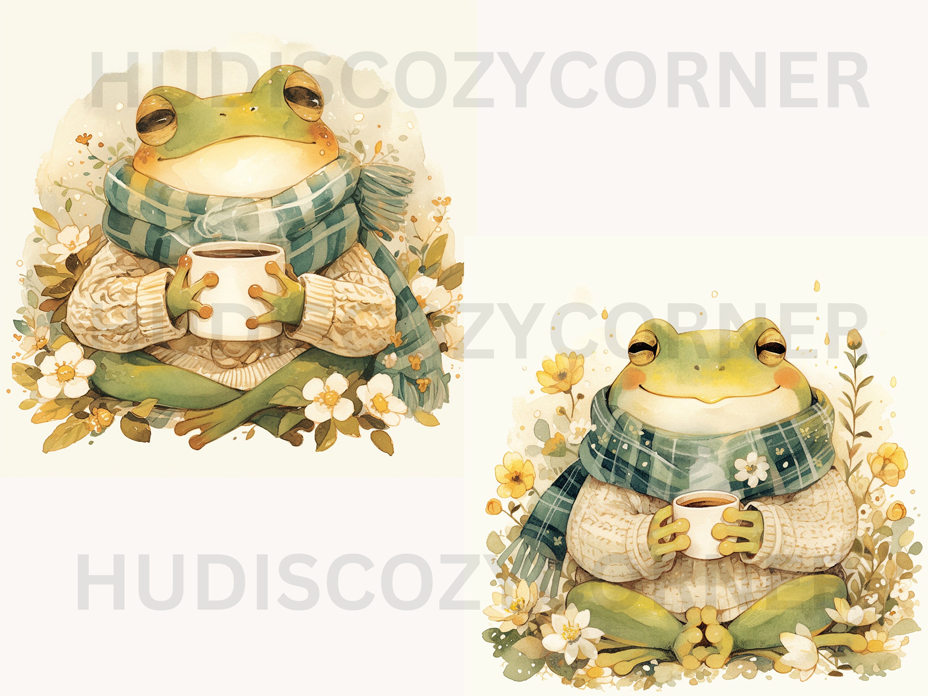 8 Watercolor Cozy Frog Clipart, Sweater and Tea, Digital JPG ...
