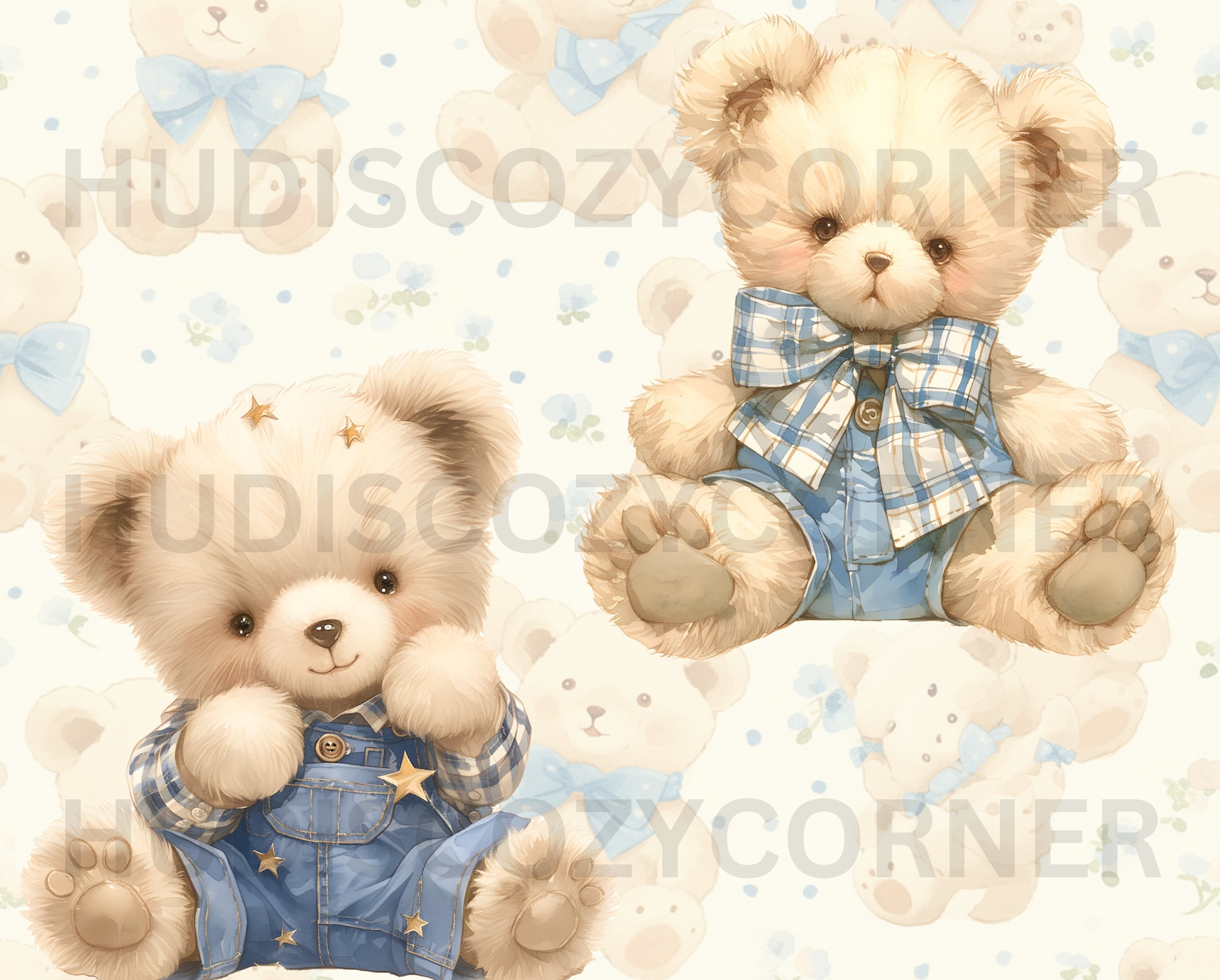 16 Teddy Bear in Denim Clipart Bundle, Watercolor Vintage Teddies ...
