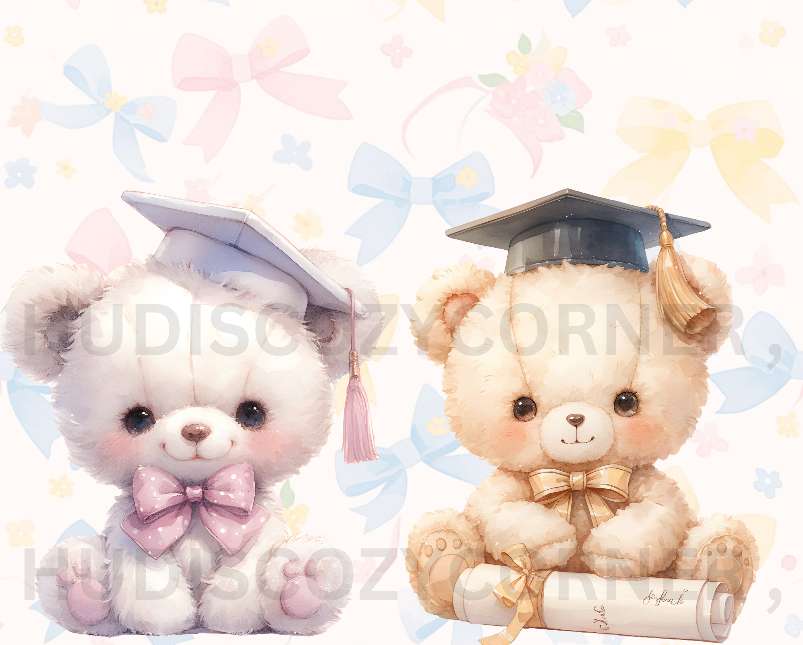 15 Graduating Teddy Bear Clipart Bundle, Watercolor Cute Grad Bear ...