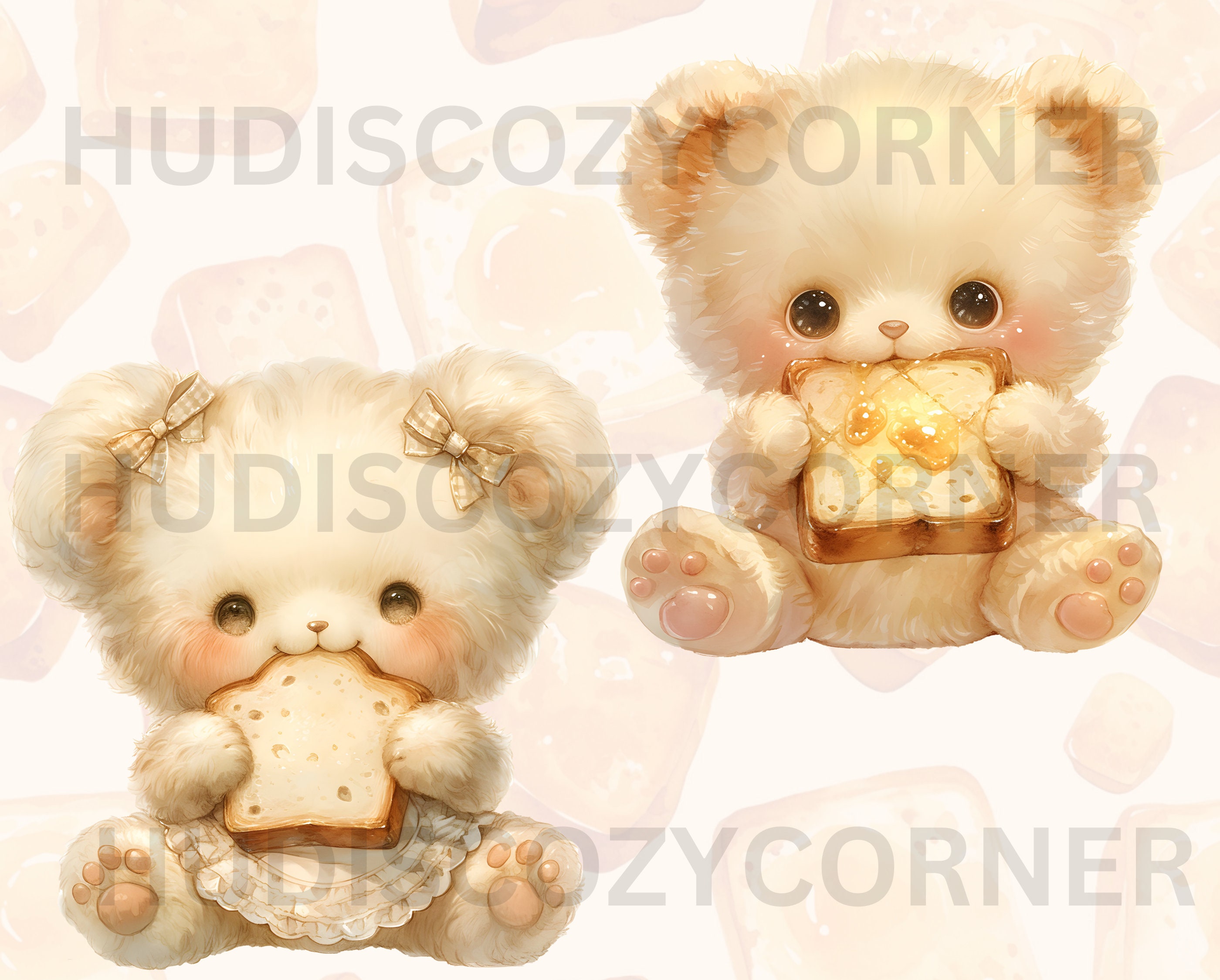 12 Cute Teddy Bear Eating Toast Clipart Bundle, Watercolor Teddies With ...