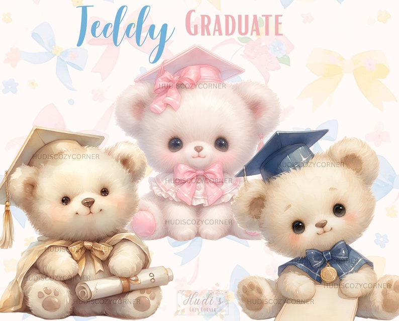 15 Graduating Teddy Bear Clipart Bundle, Watercolor Cute Grad Bear ...