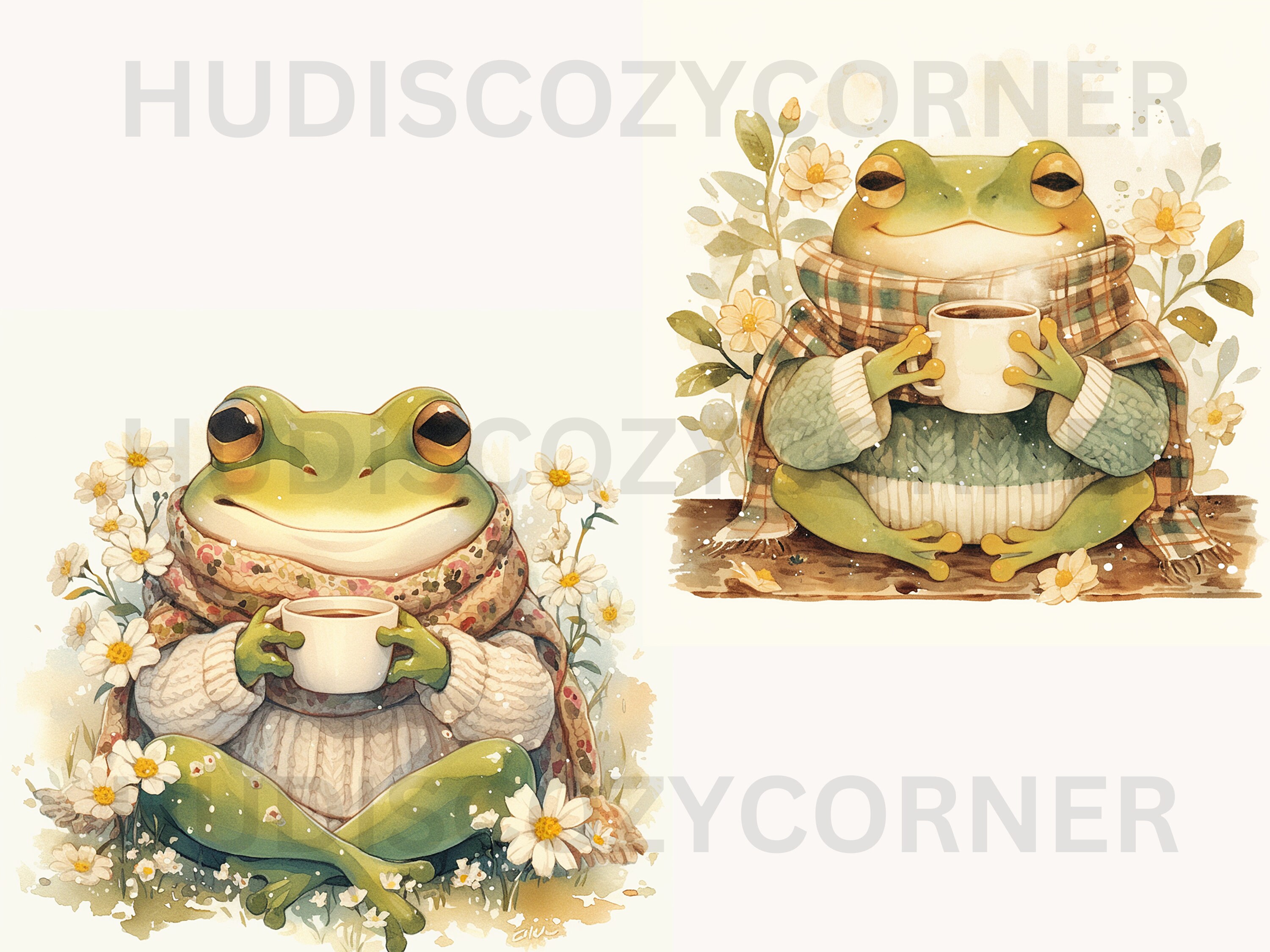 8 Watercolor Cozy Frog Clipart, Sweater and Tea, Digital JPG ...
