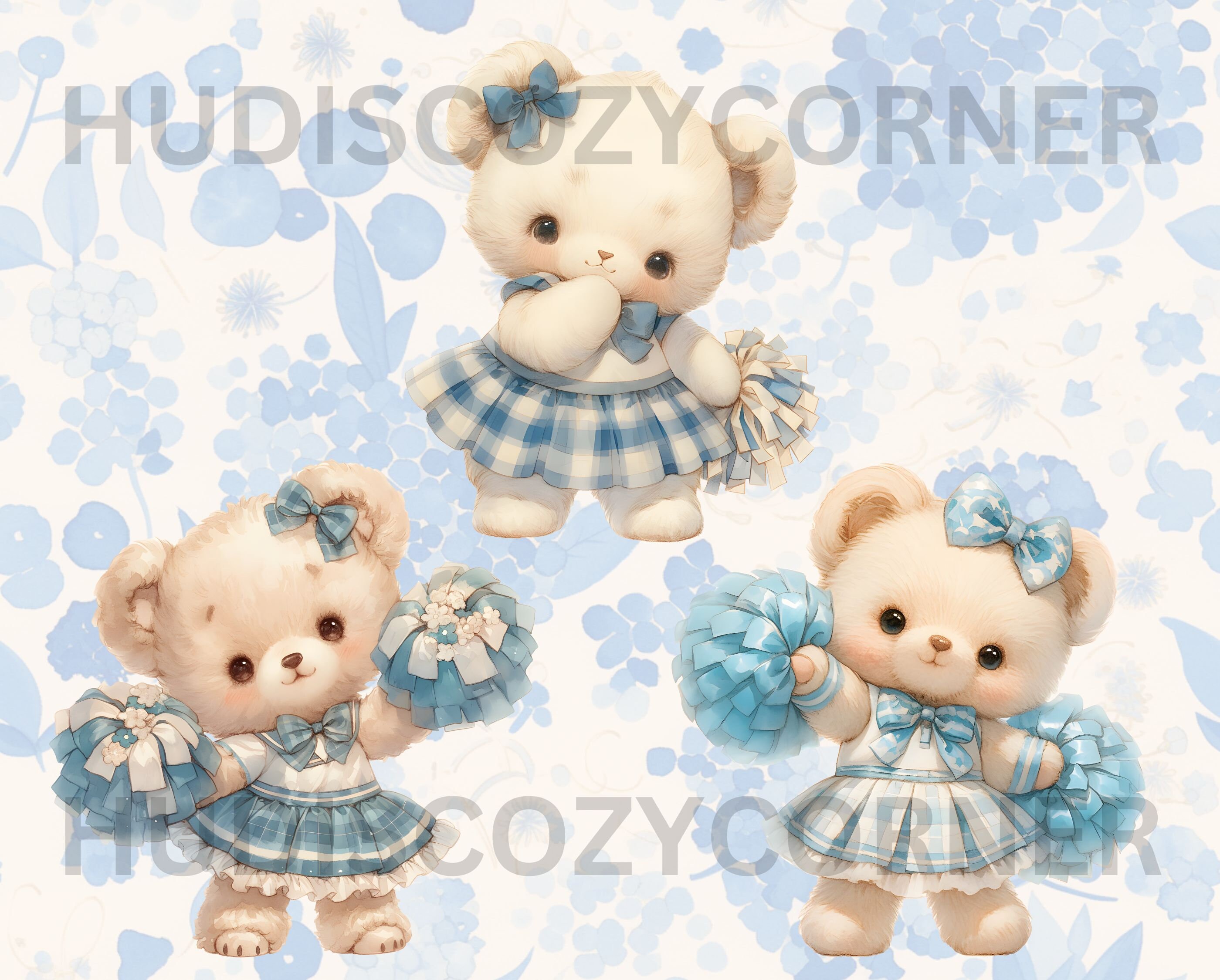 12 Cheerleader Teddy Bear Clipart, Watercolor Blue and White Cheer Pom ...