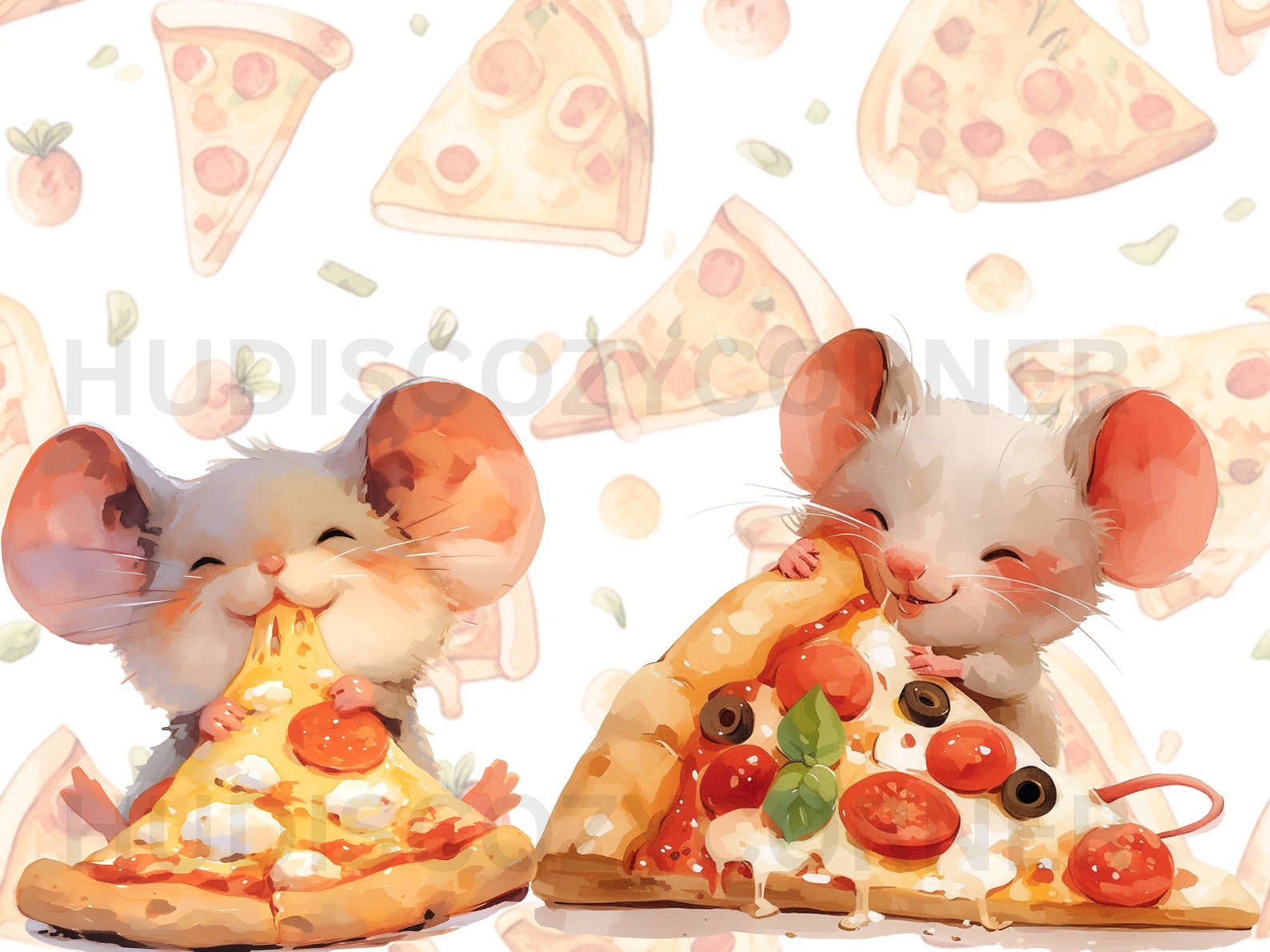 10 Cute Mice Eating Pizza Clipart, Printable Watercolor Mouse Bundle ...