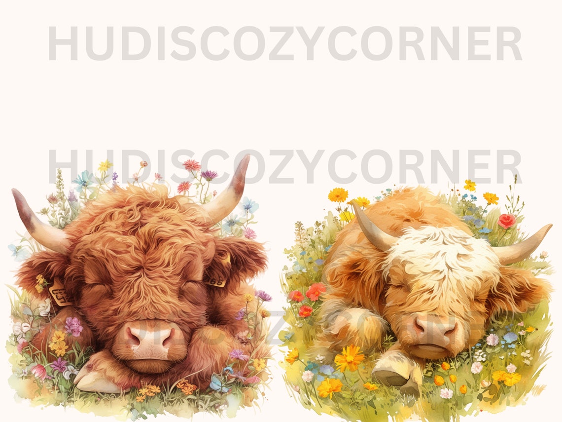 4 Baby Watercolor Sleeping Highland Cow Clipart PNG, Cute Animal ...