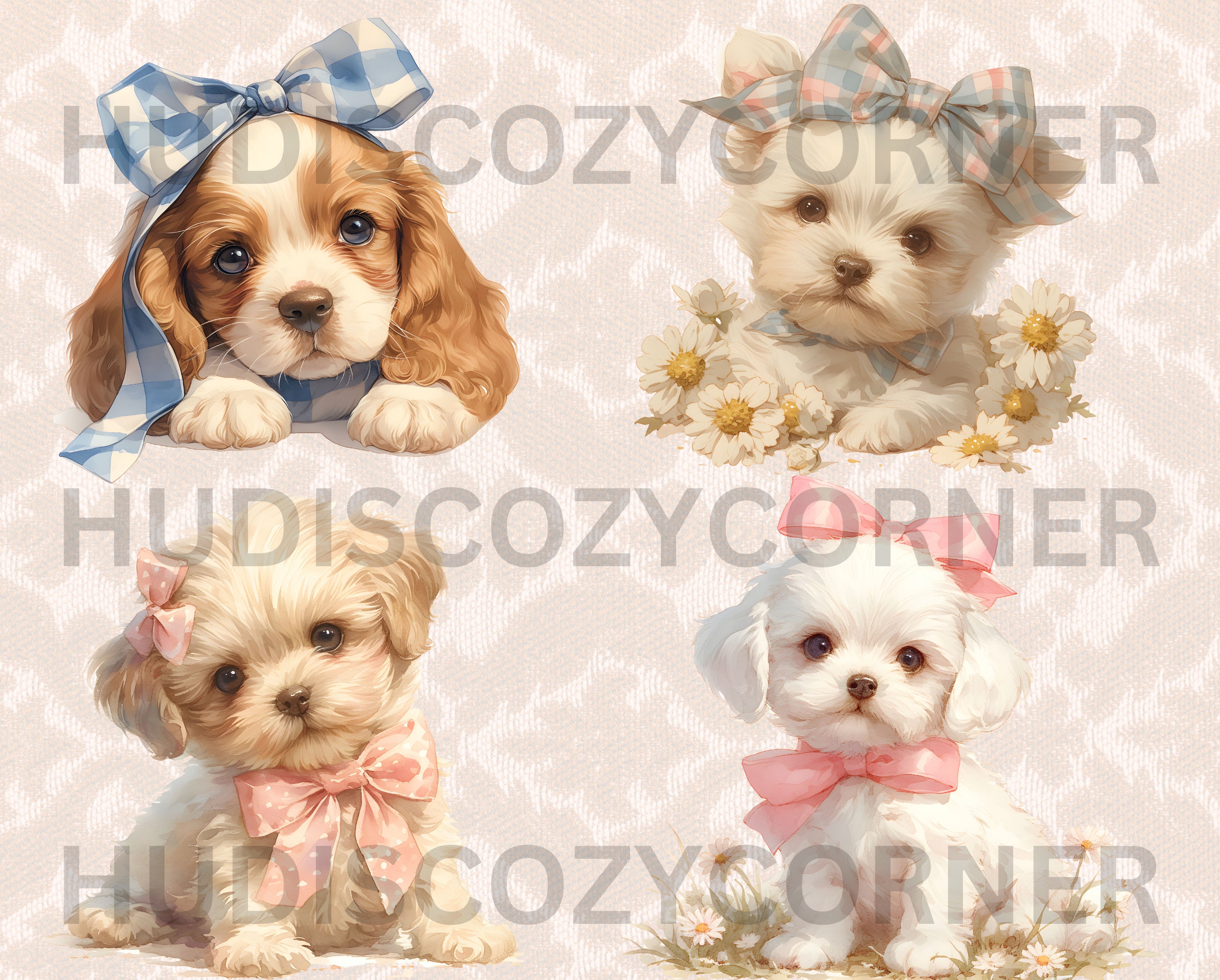 36 Cute Puppy With Bow Clipart Bundle, Watercolor Vintage Puppies ...