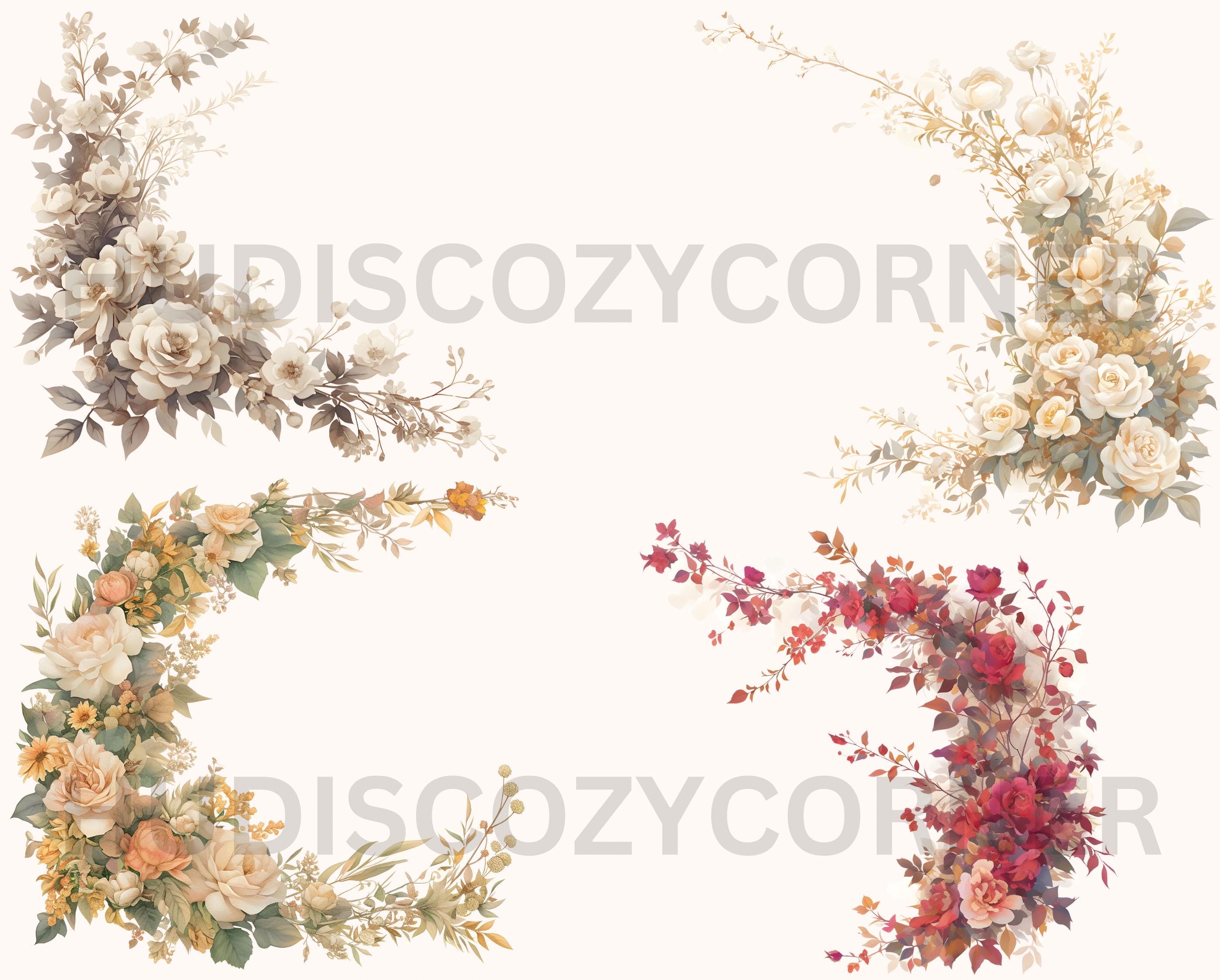 26 Autumn Rose Floral Border Clipart, Soft Watercolor Fall Rose Flower ...