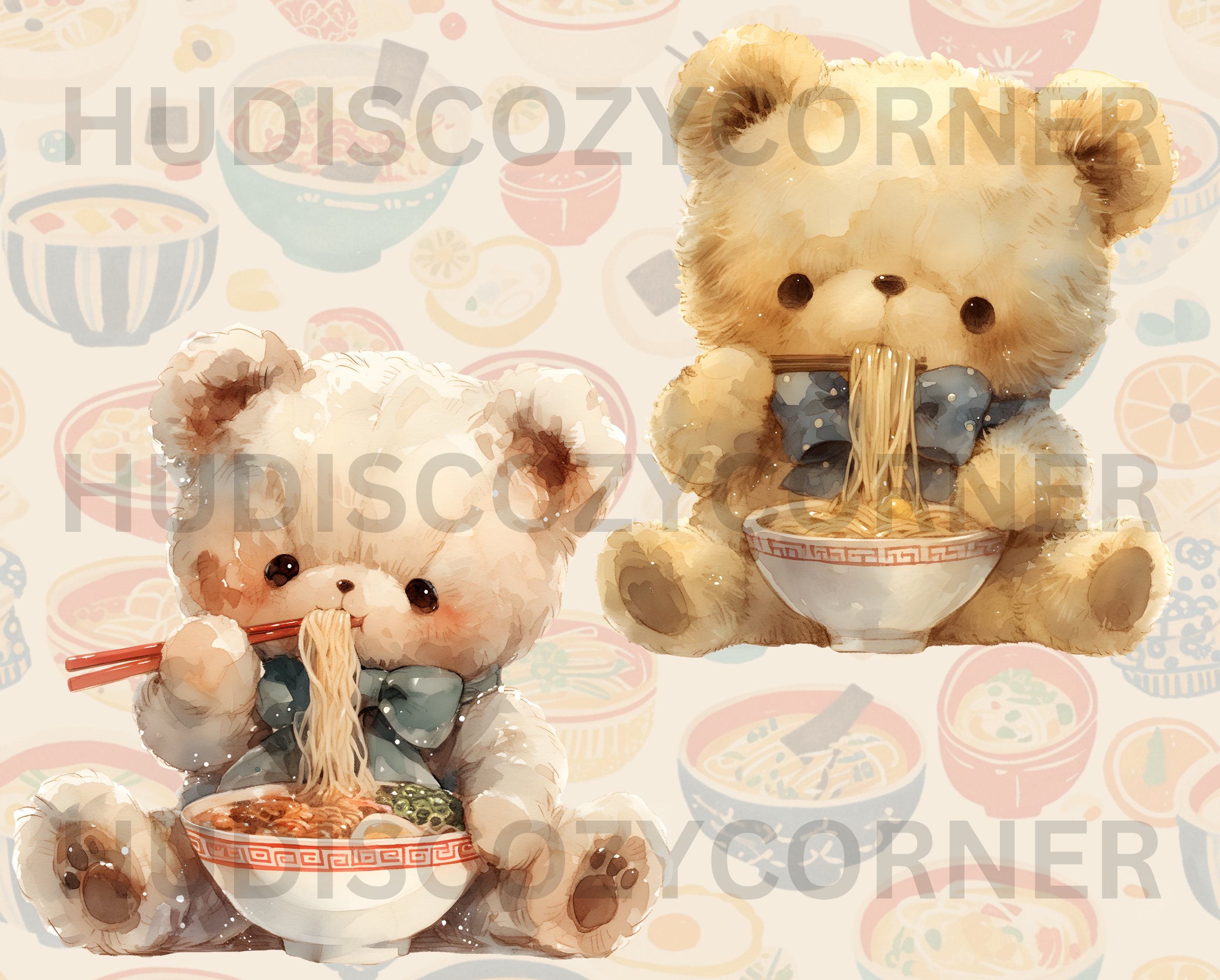 14 Teddy Bear Eating Ramen Clipart Bundle, Watercolor Little Baby ...