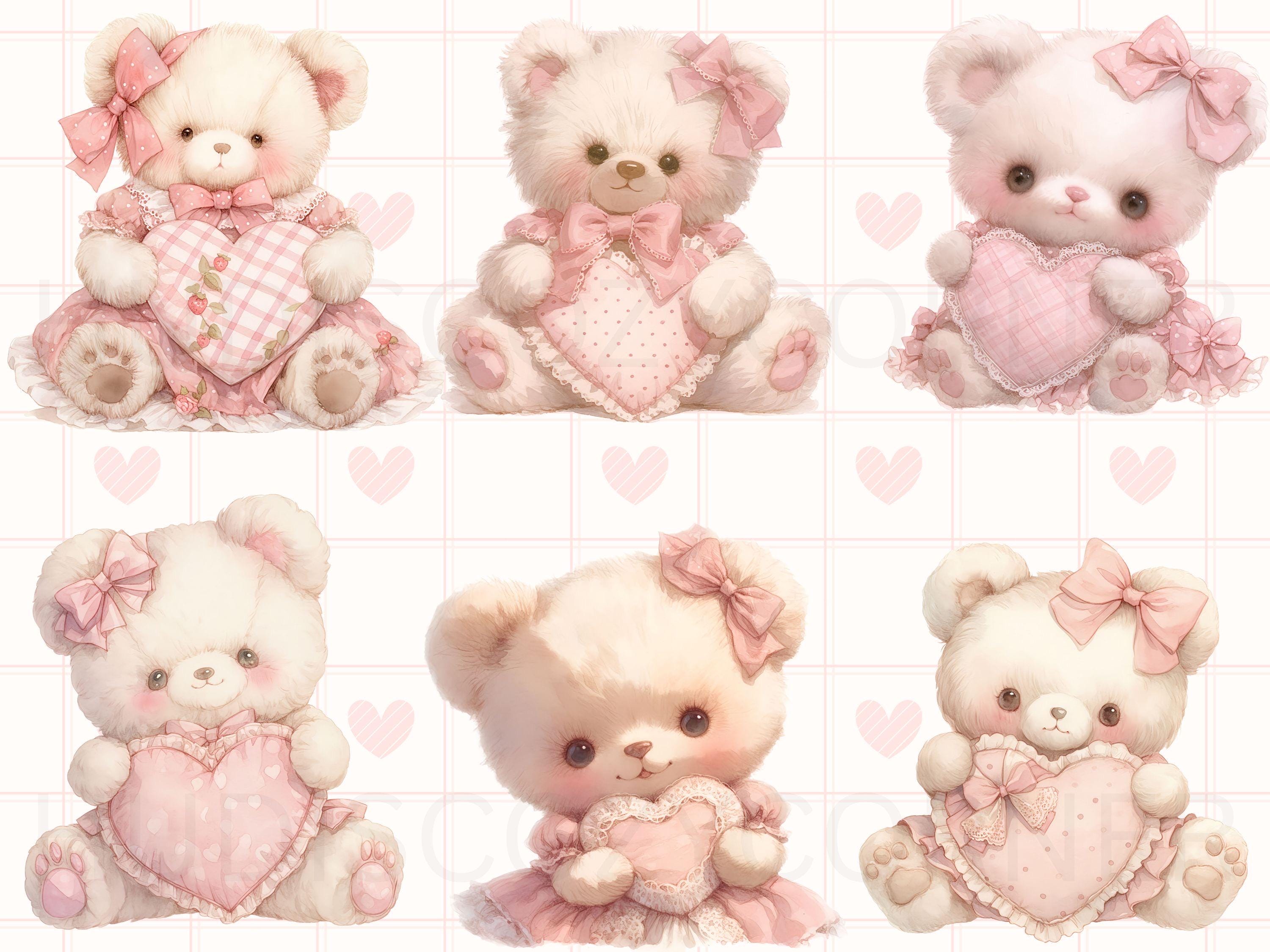 31 Pink Baby Teddy Bear With Heart Pillow Clipart, Watercolor Pink ...