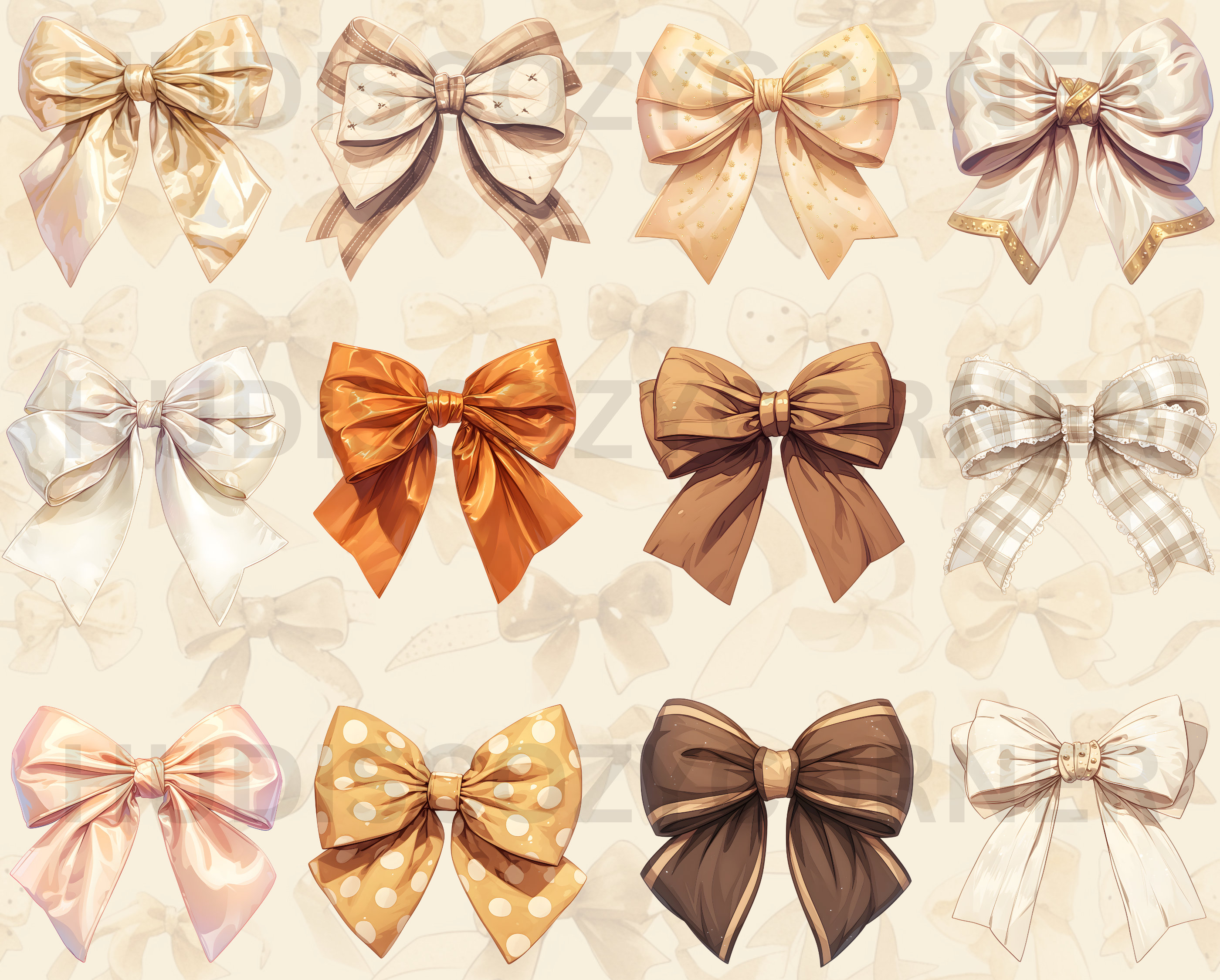 42 Cute Beige Brown Gingham Bow Clipart Bundle, Watercolor Silk Bows ...