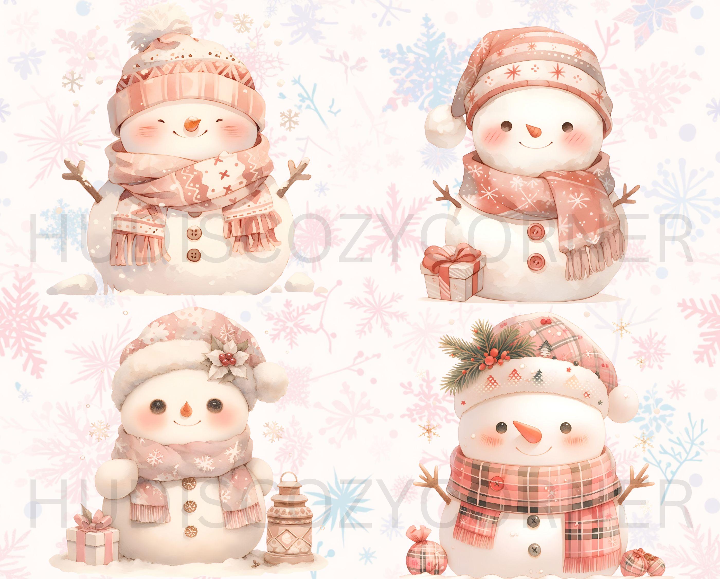 23 Cute Pink Snowman Clipart Bundle, Watercolor Christmas Snowman ...