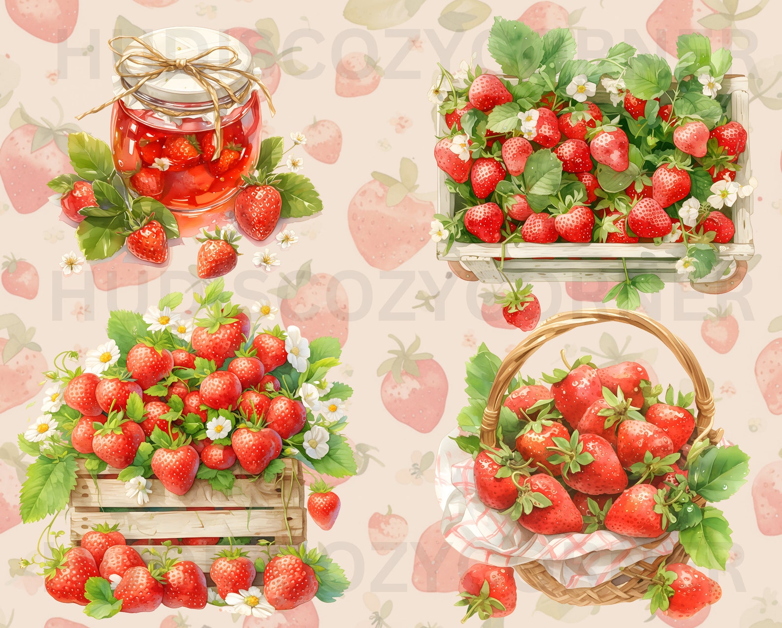 14 Watercolor Strawberry Clipart Bundle, Summer Fruit Graphics, Jam ...