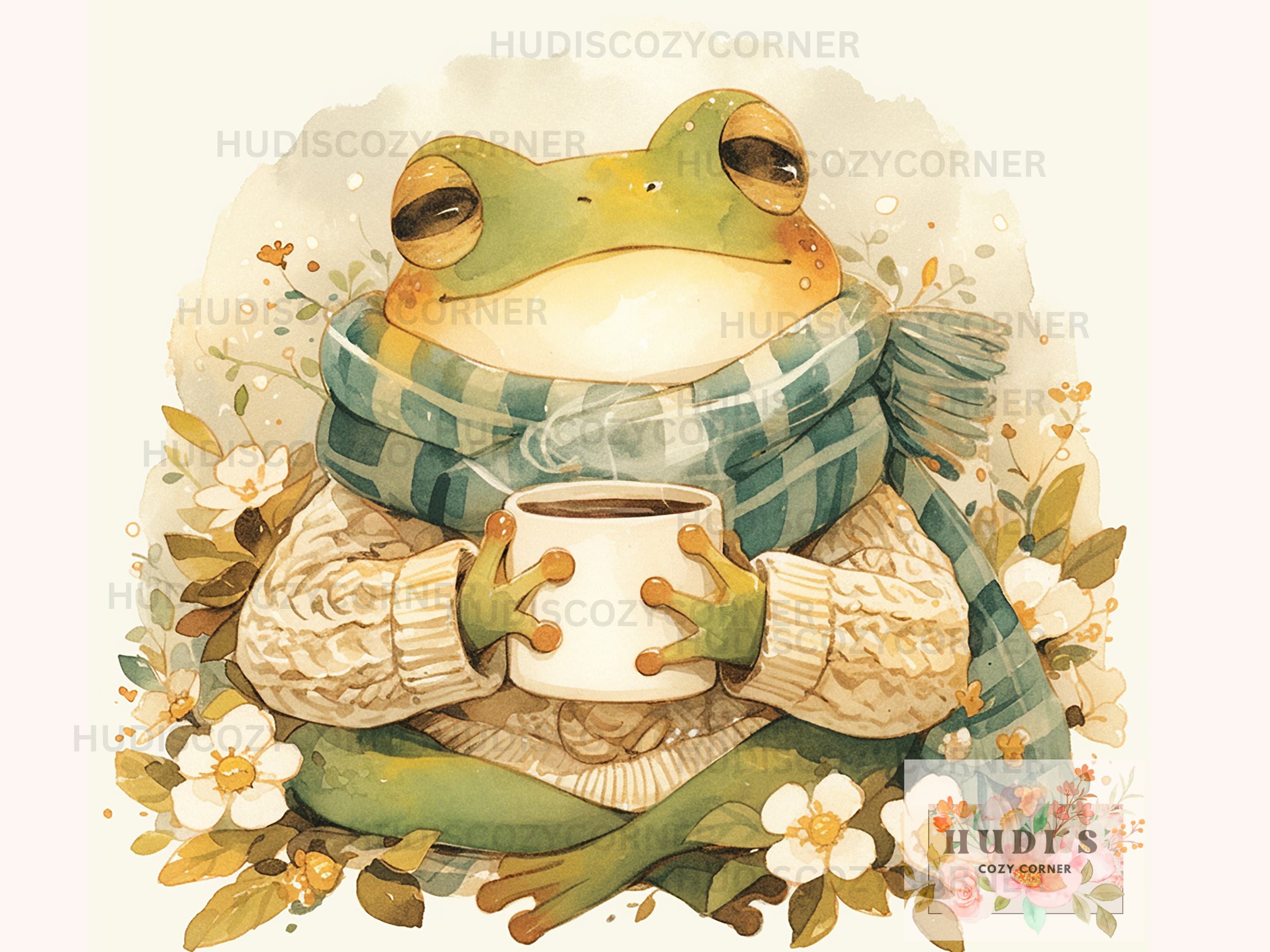 8 Watercolor Cozy Frog Clipart, Sweater and Tea, Digital JPG ...