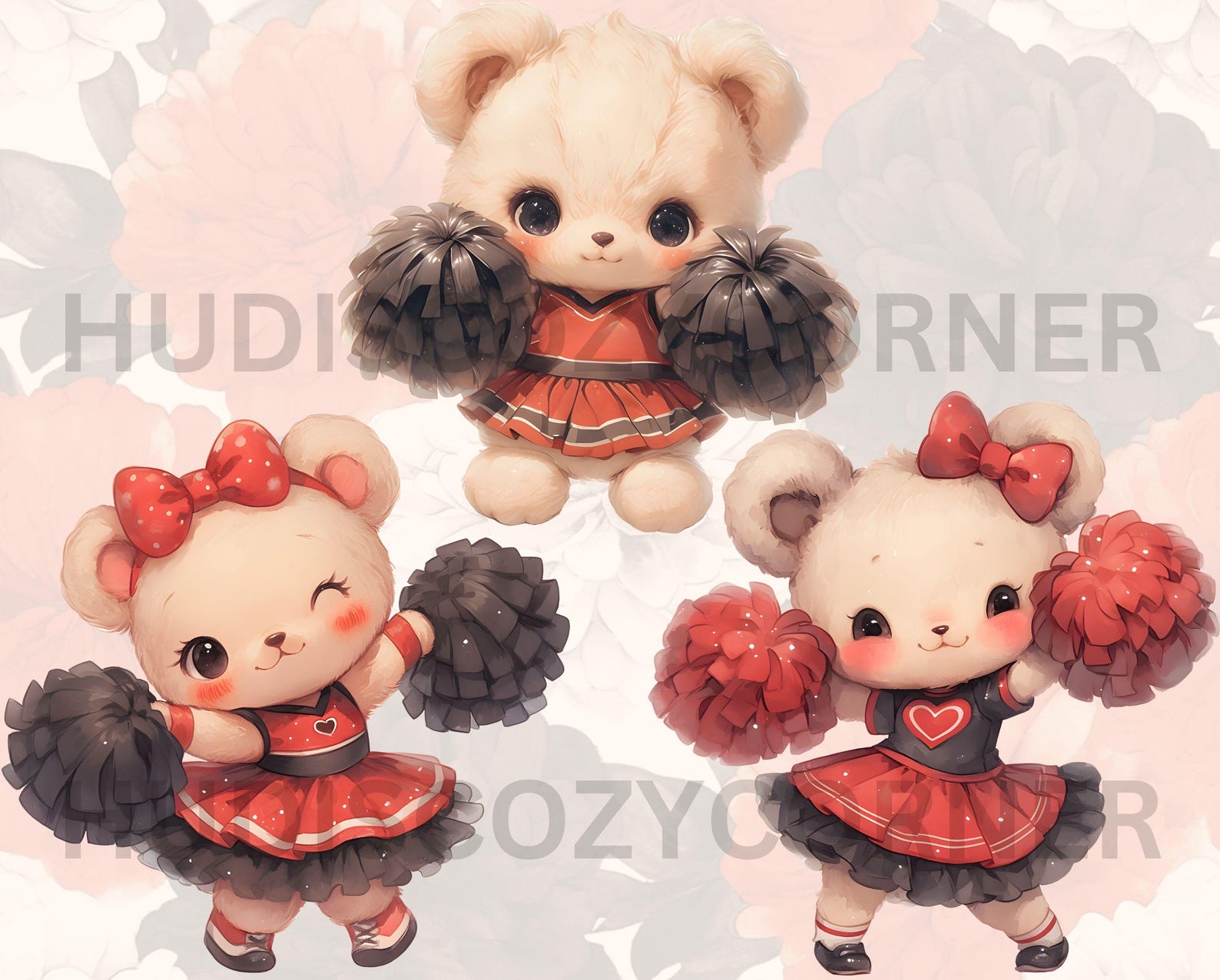 12 Cheerleader Teddy Bear Clipart, Watercolor Black and Red Cheer Pom ...