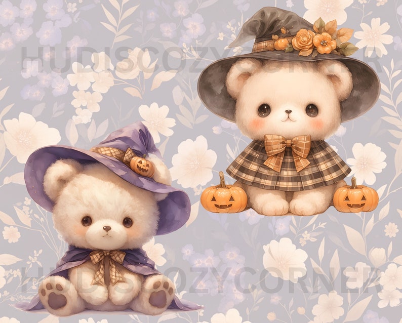 14 Teddy Bear in Witch Costume Clipart, Watercolor Vintage Halloween ...