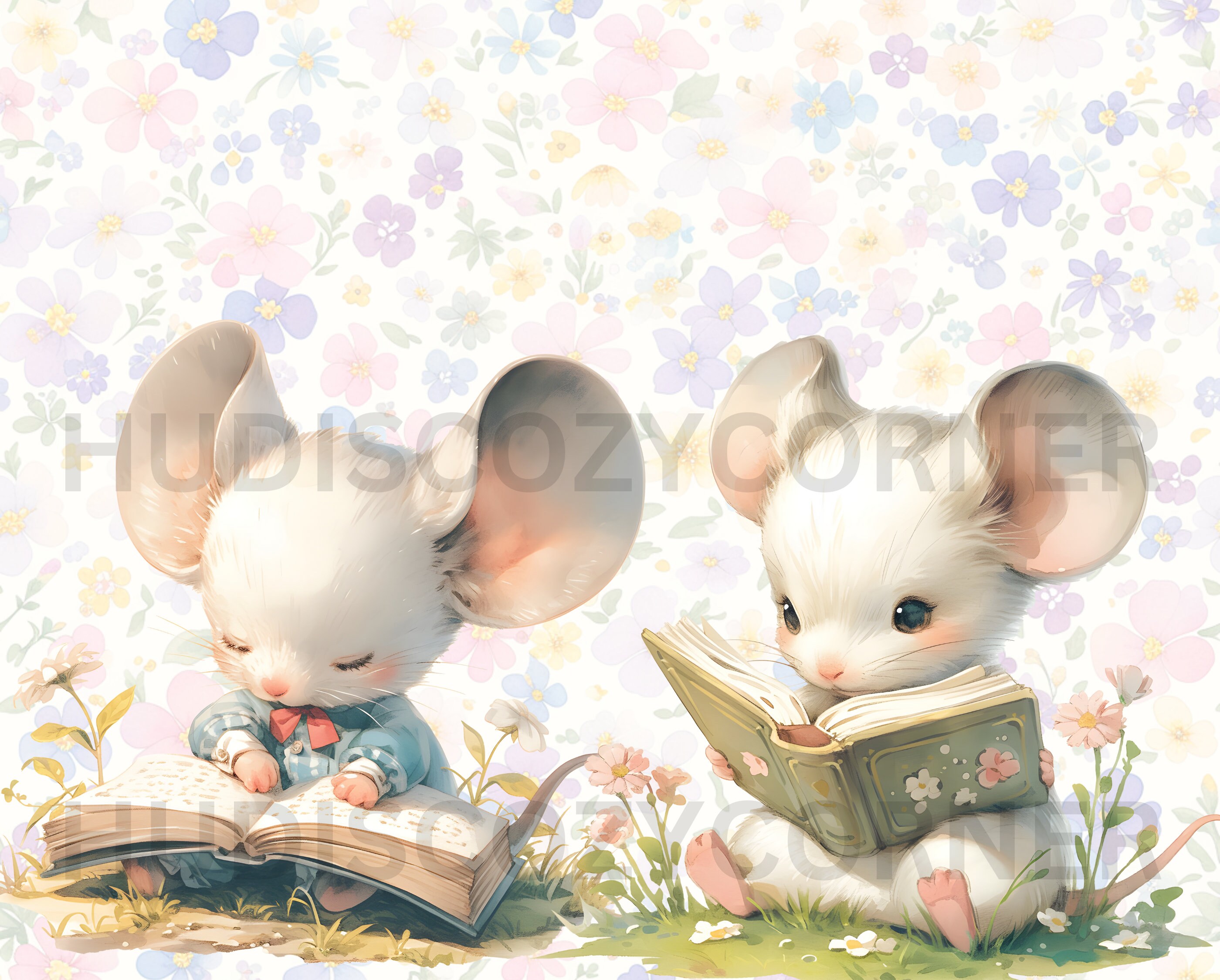 12 Cute Reading Mouse Clipart, Watercolor Cartoon Book Lover Mice ...