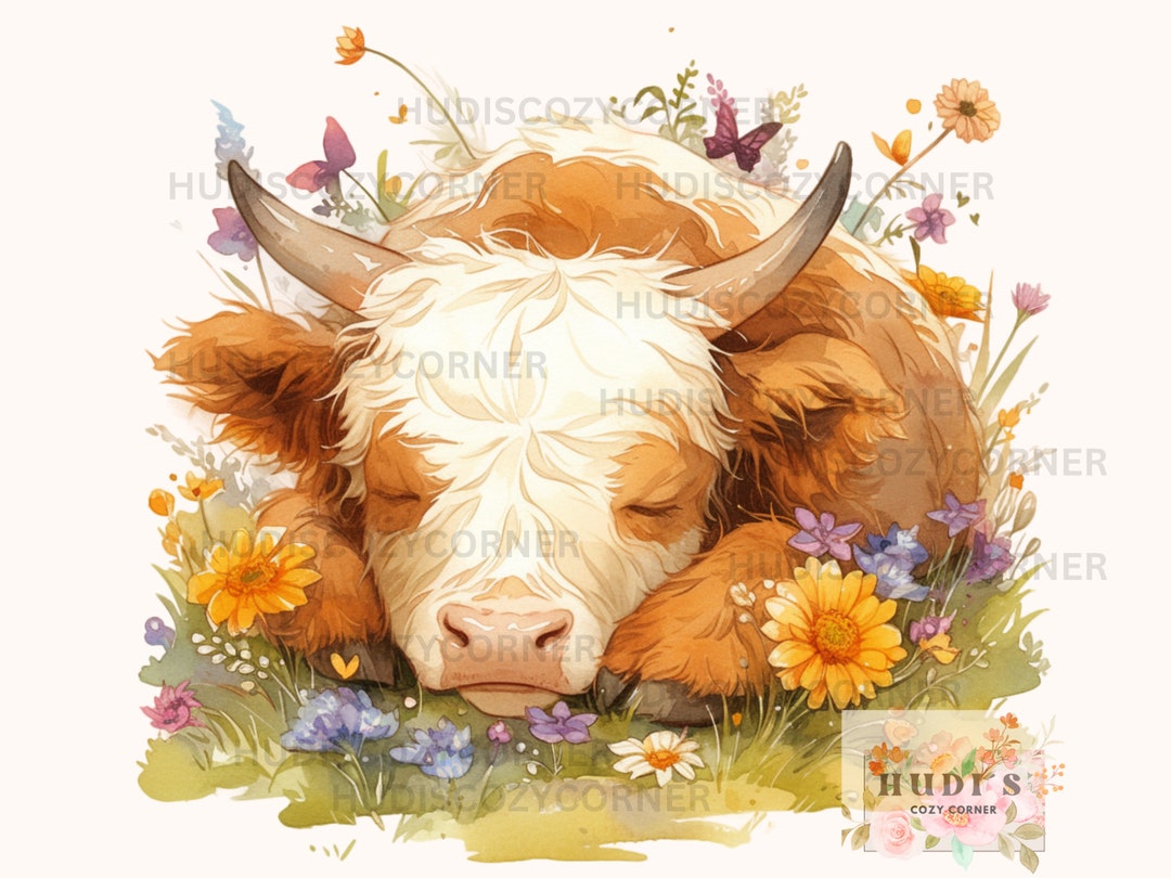 4 Baby Watercolor Sleeping Highland Cow Clipart PNG, Cute Animal ...