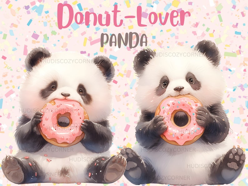 5 Cute Donut Eating Panda Clipart, Watercolor Baby Panda Bundle ...