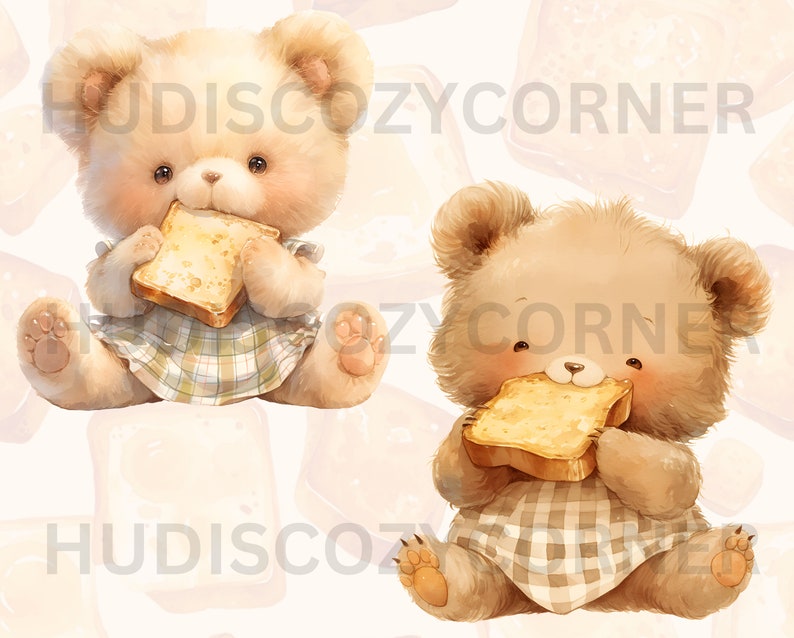 12 Cute Teddy Bear Eating Toast Clipart Bundle, Watercolor Teddies With ...
