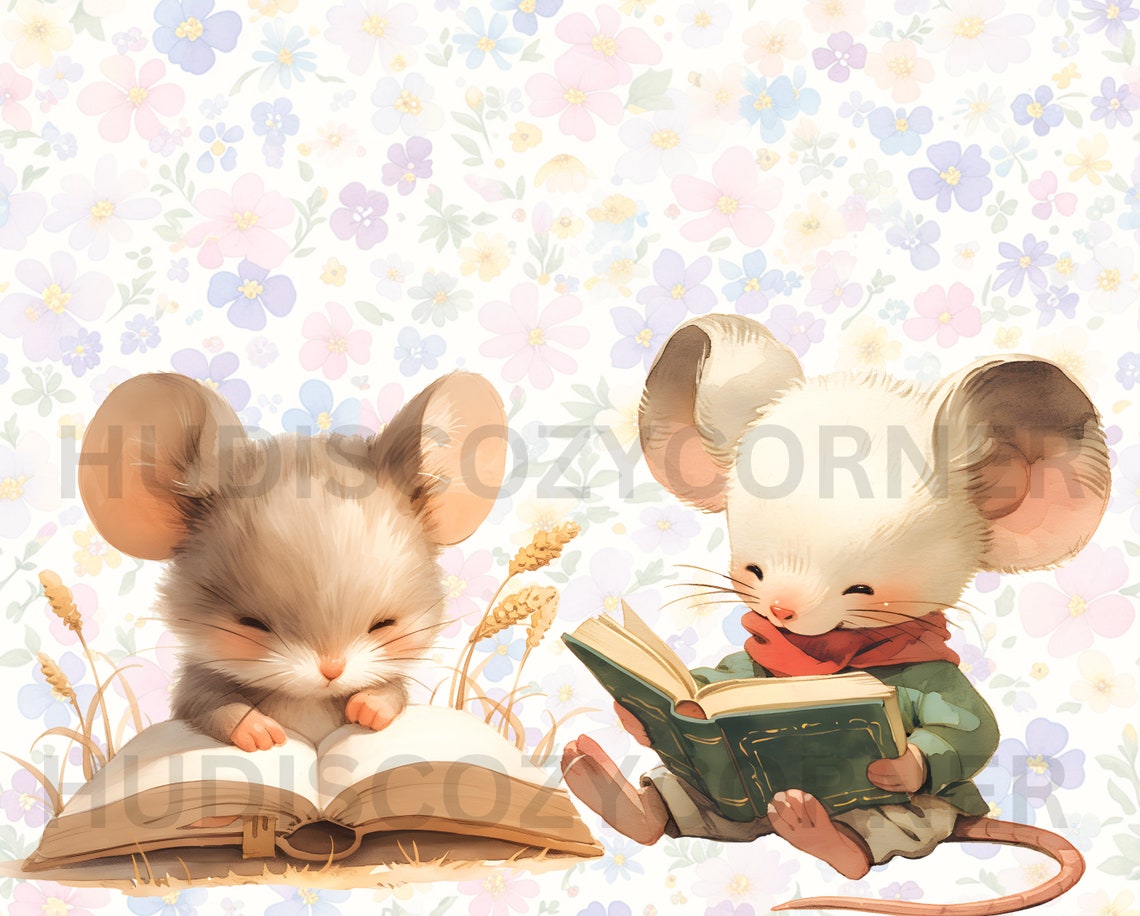 12 Cute Reading Mouse Clipart, Watercolor Cartoon Book Lover Mice ...