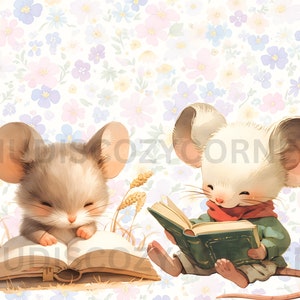 12 Cute Reading Mouse Clipart, Watercolor Cartoon Book Lover Mice ...