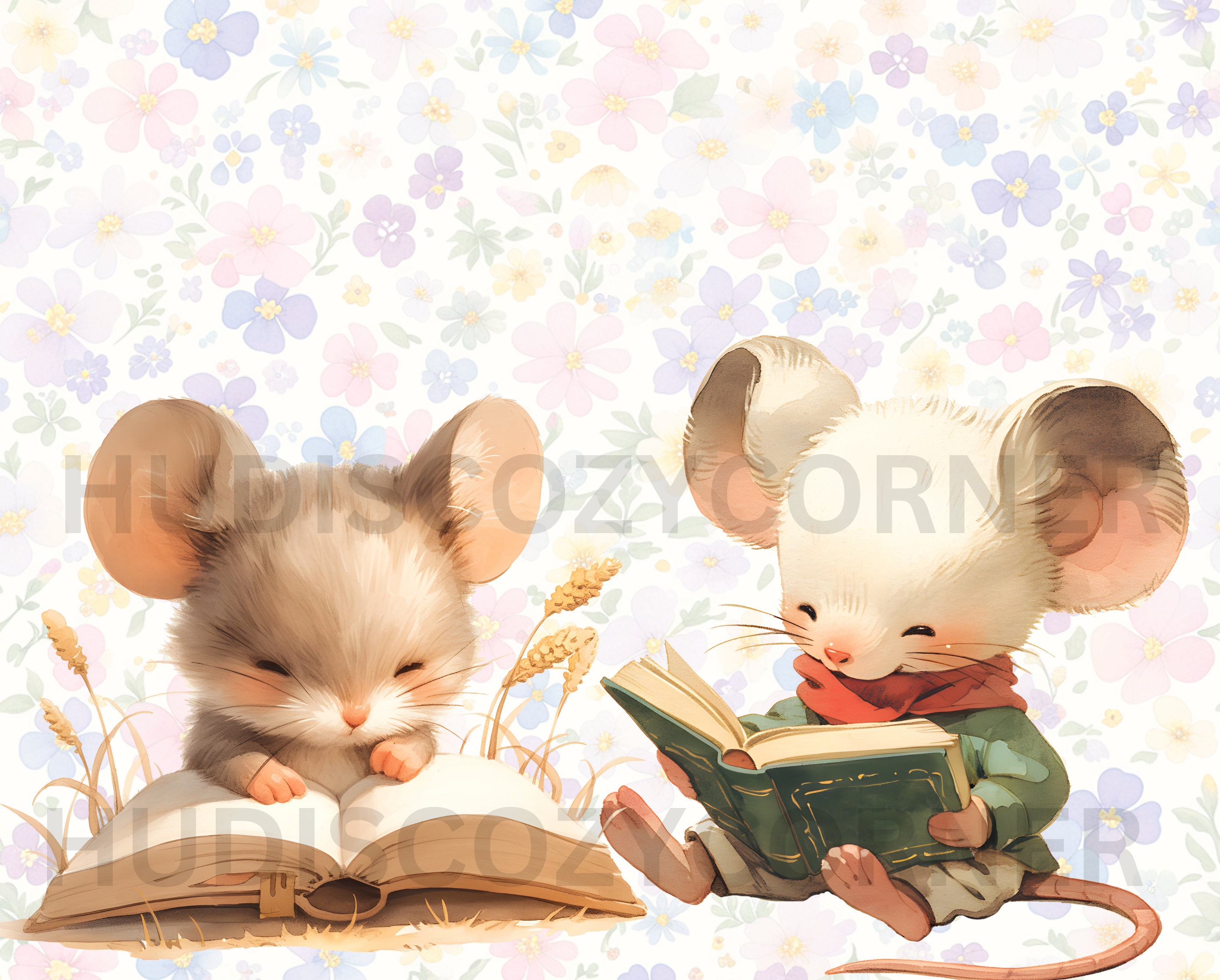 12 Cute Reading Mouse Clipart, Watercolor Cartoon Book Lover Mice ...