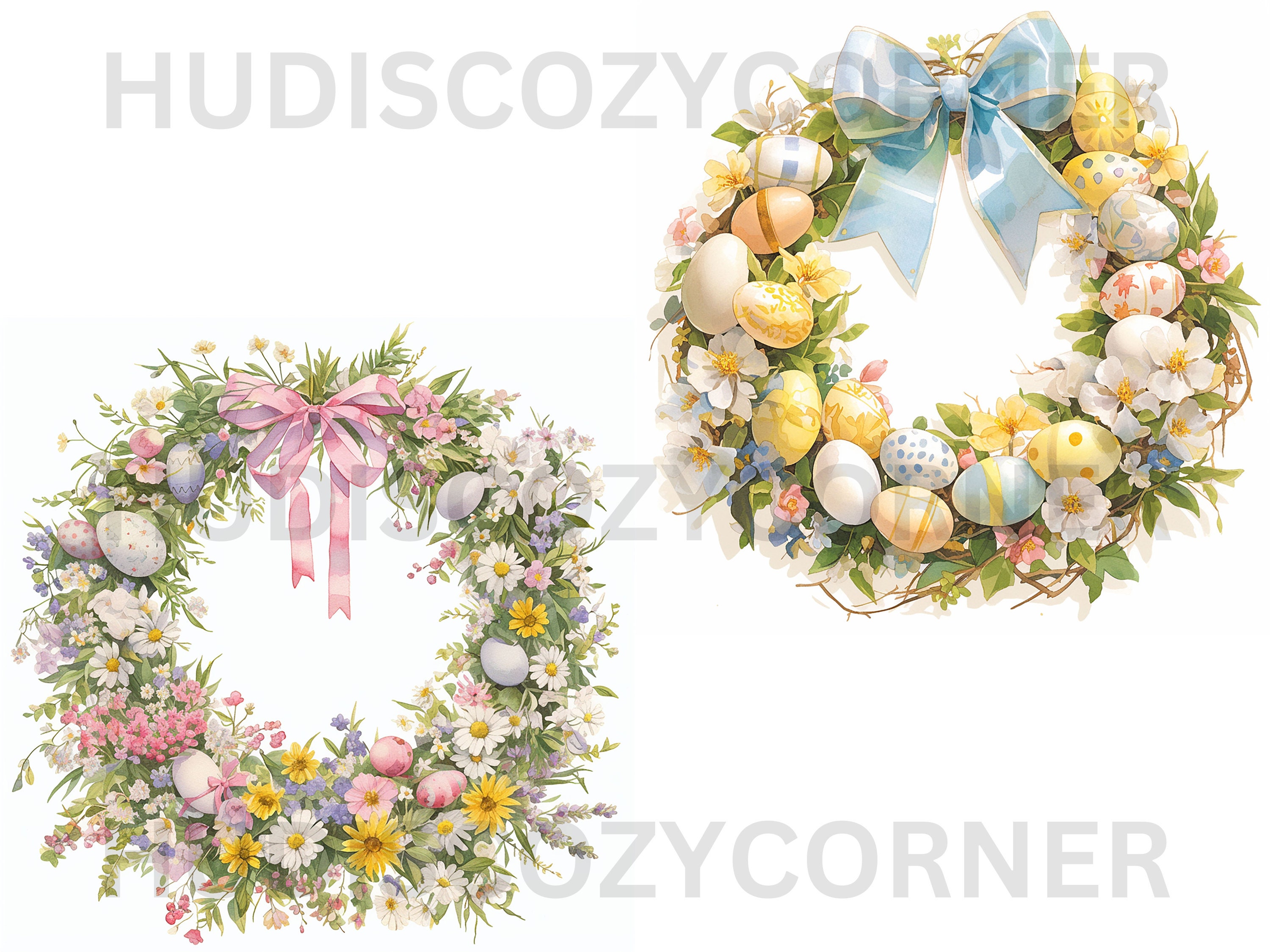 8 Easter Wreath Clipart, Watercolor Easter Egg Floral Spring Wreaths ...