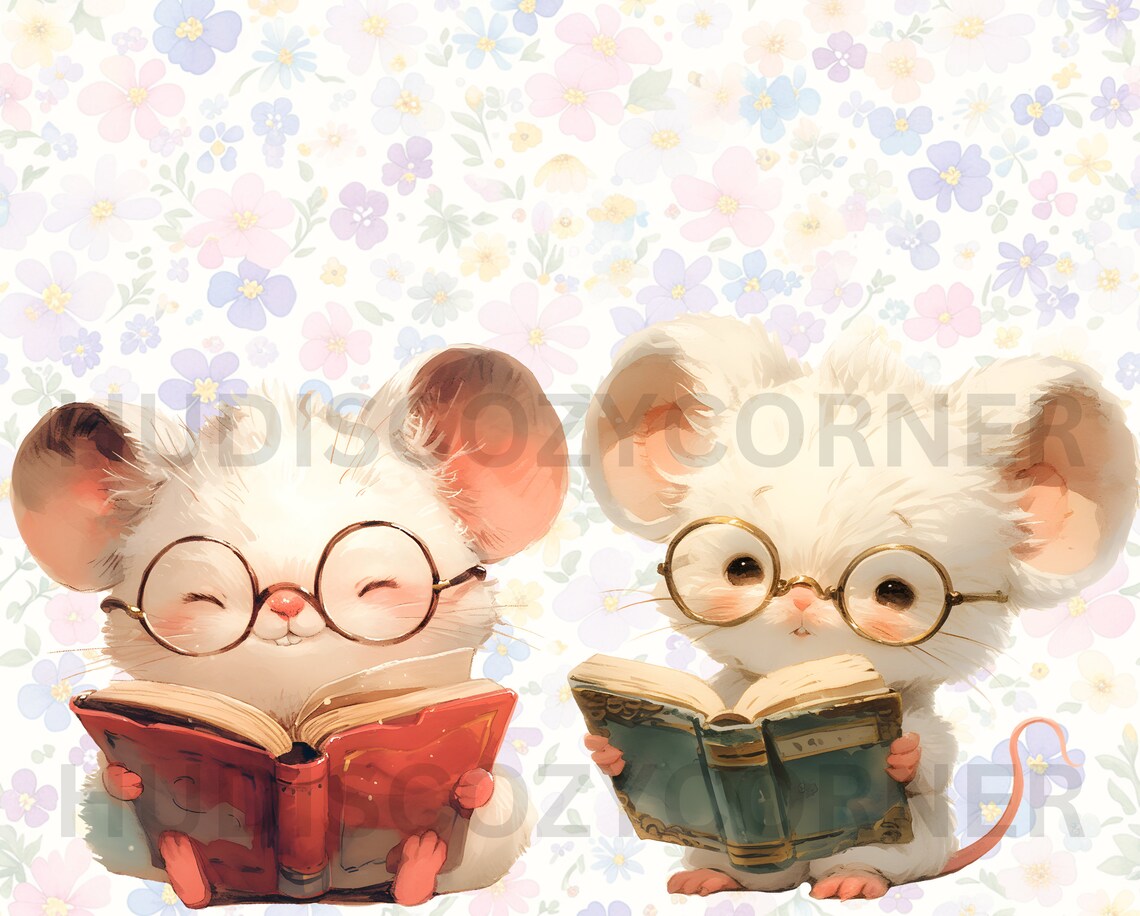 12 Cute Reading Mouse Clipart, Watercolor Cartoon Book Lover Mice ...