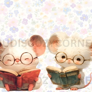 12 Cute Reading Mouse Clipart, Watercolor Cartoon Book Lover Mice ...