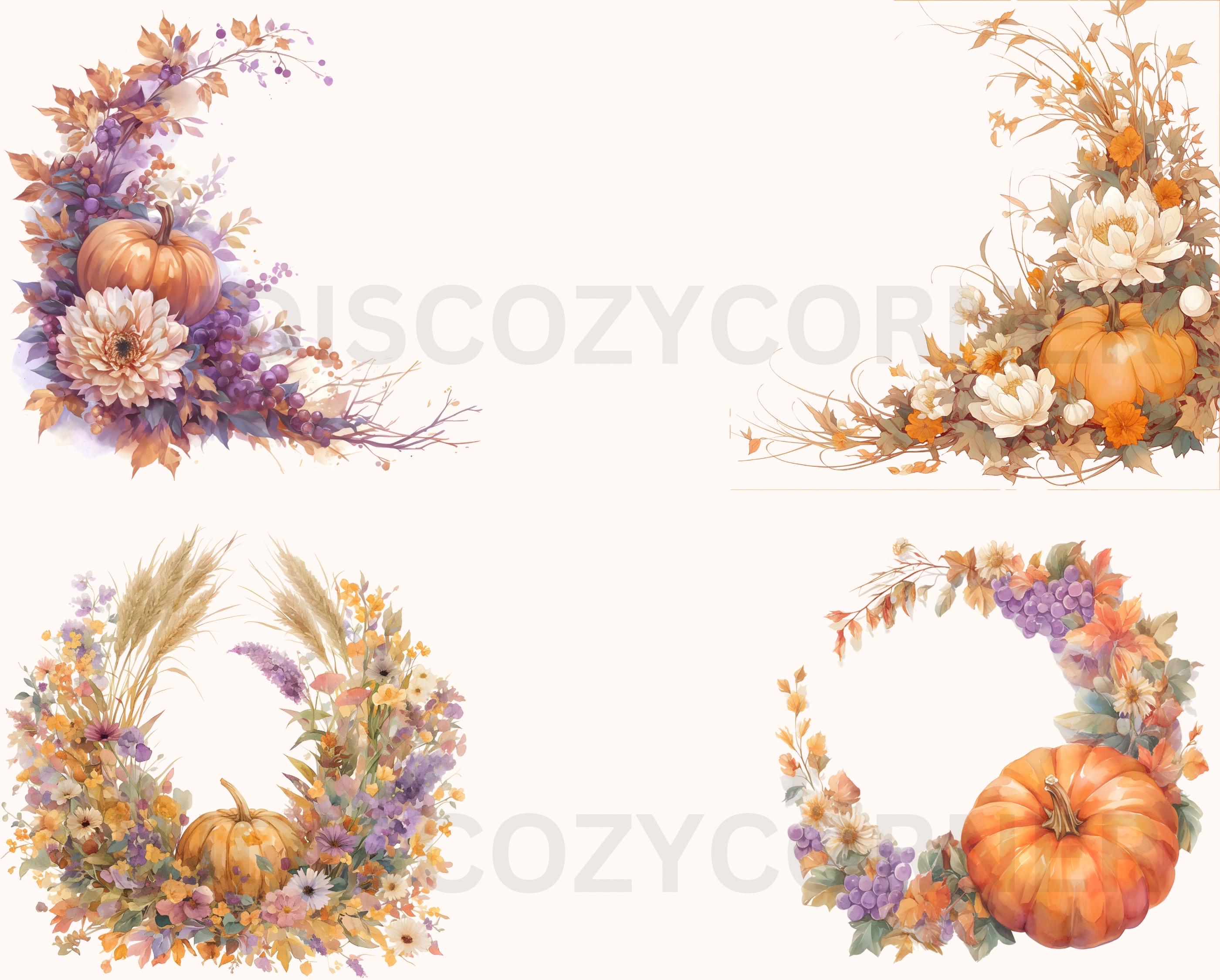 26 Autumn Floral Border Clipart Bundle, Watercolor Fall Leaves and ...