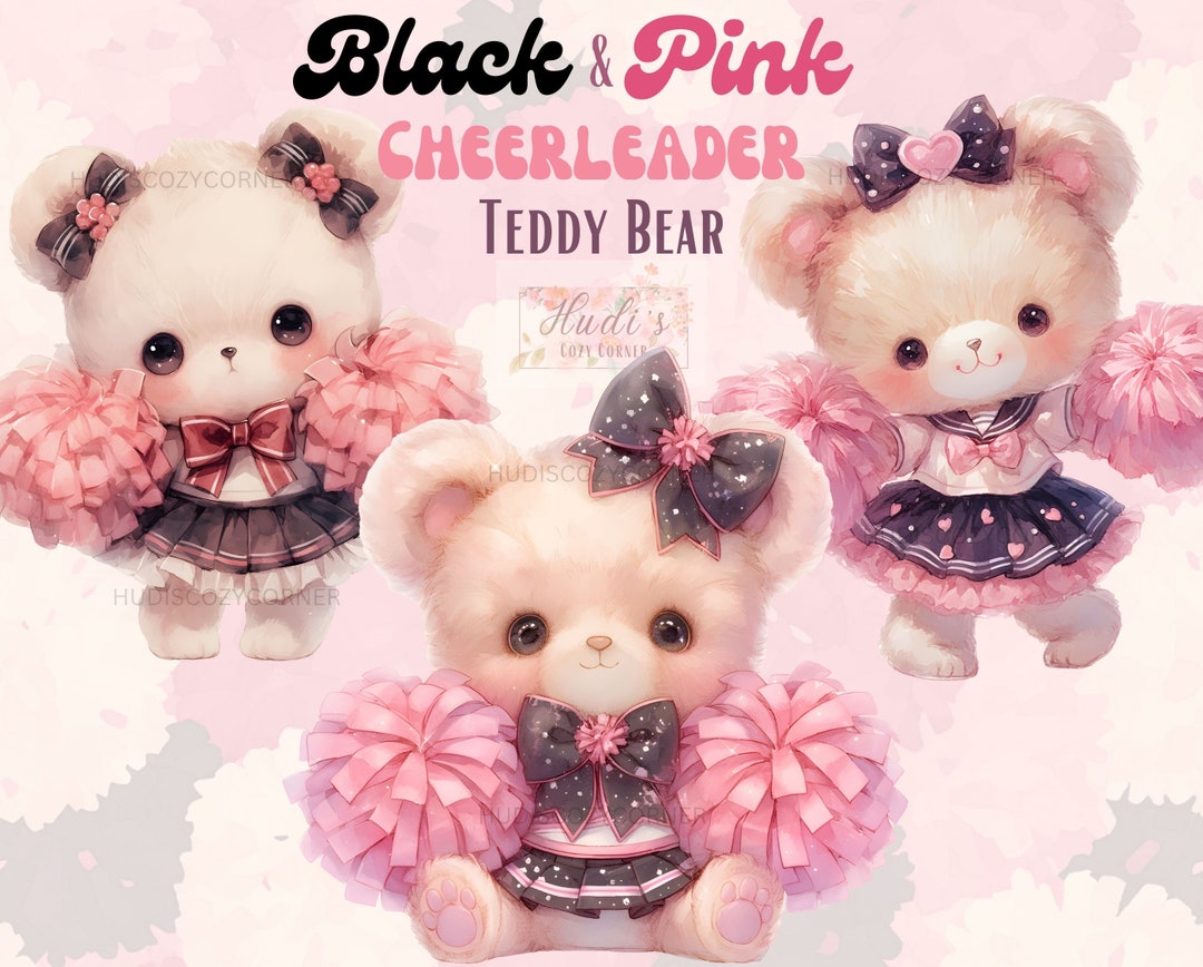 15 Cheerleader Teddy Bear Clipart, Watercolor Black and Pink Cheer Pom ...