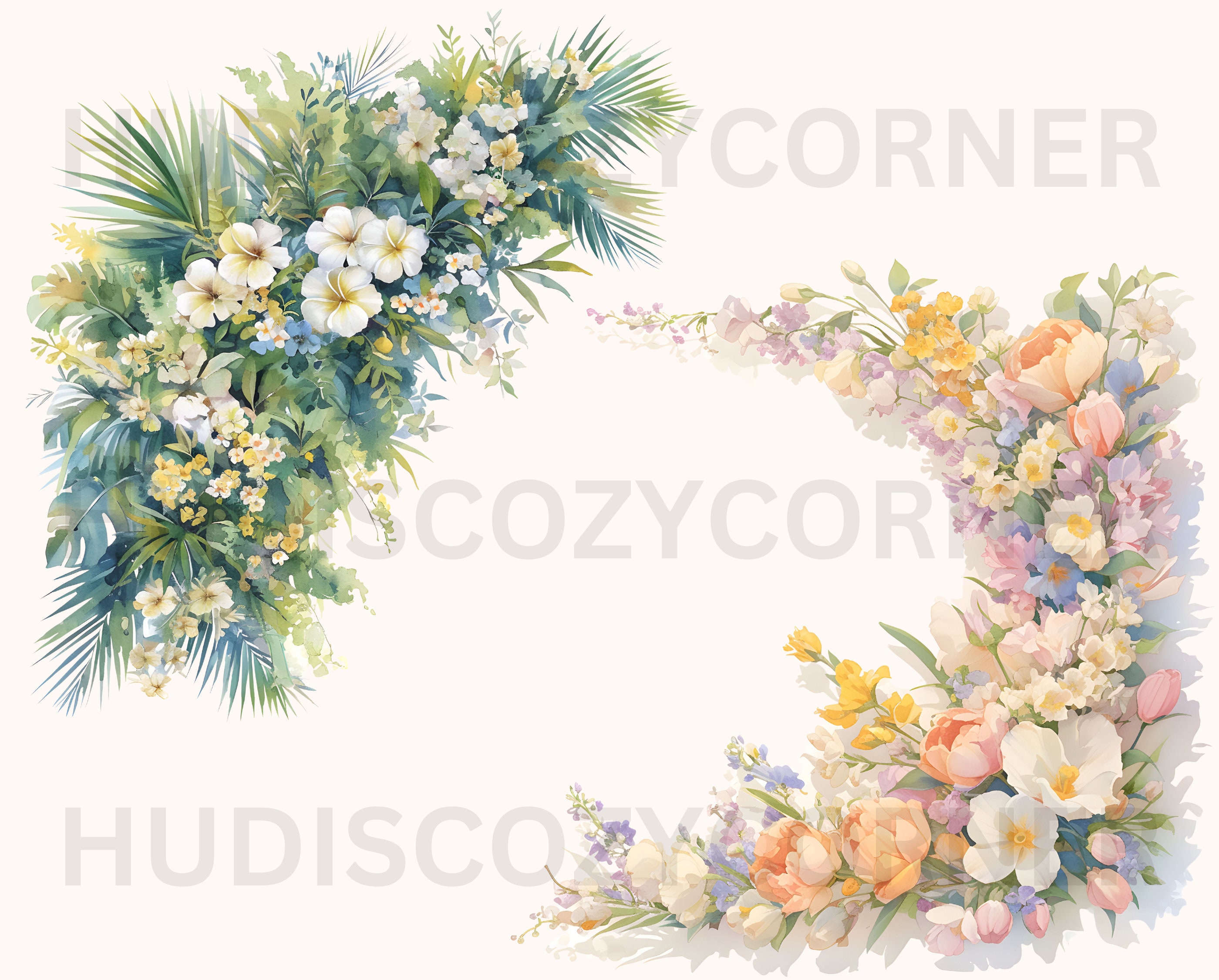 17 Summer Flower Border Clipart, Watercolor Floral Decorative Corner ...