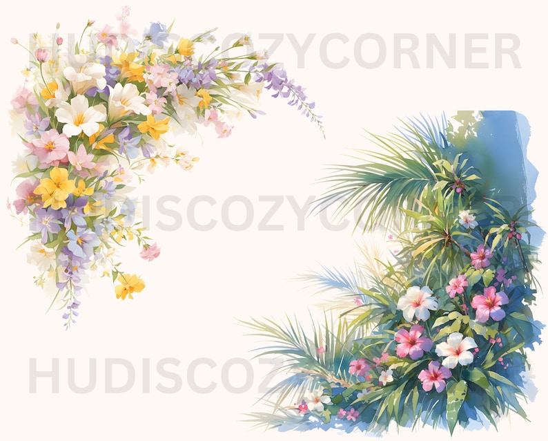 17 Summer Flower Border Clipart, Watercolor Floral Decorative Corner ...