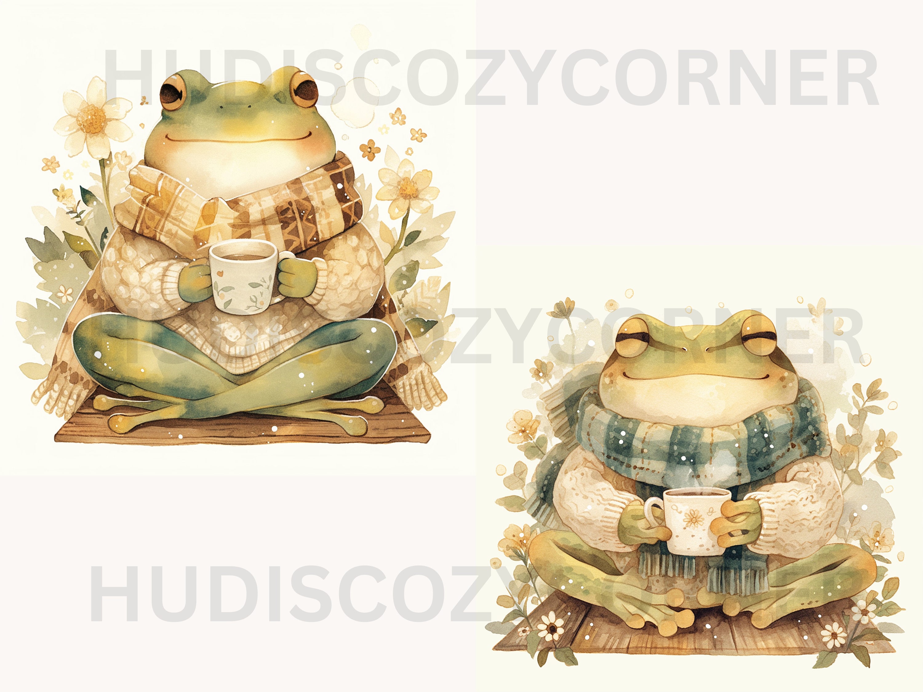 8 Watercolor Cozy Frog Clipart, Sweater and Tea, Digital JPG ...
