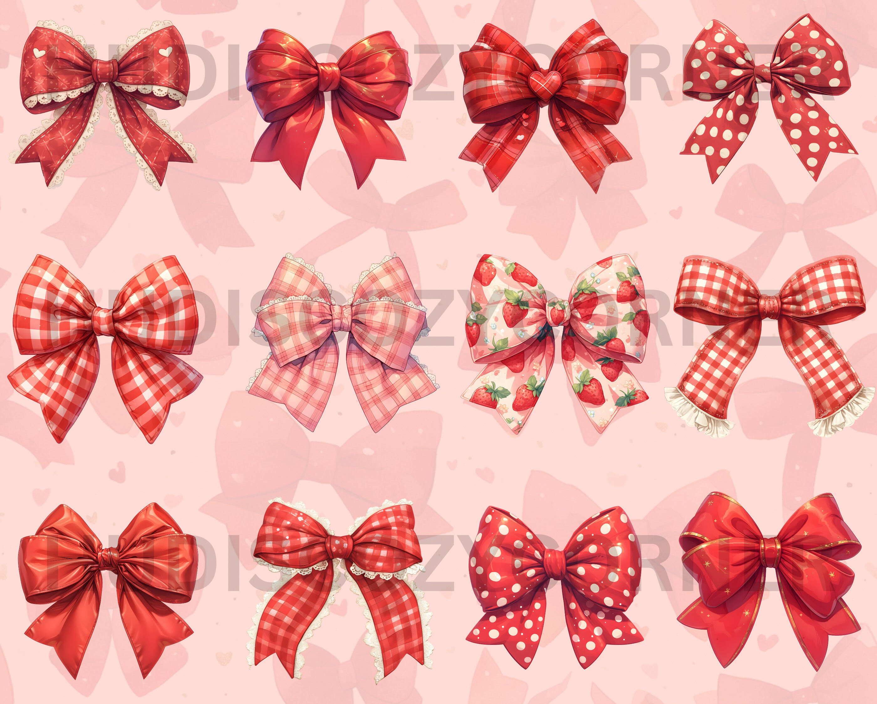 30 Cute Red Gingham Bow Clipart Bundle, Watercolor Red Coquette Bows ...