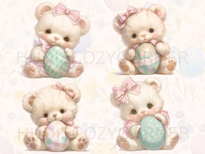 23 Cute Teddy Bear With Easter Egg Clipart, Watercolor Pastel Spring ...