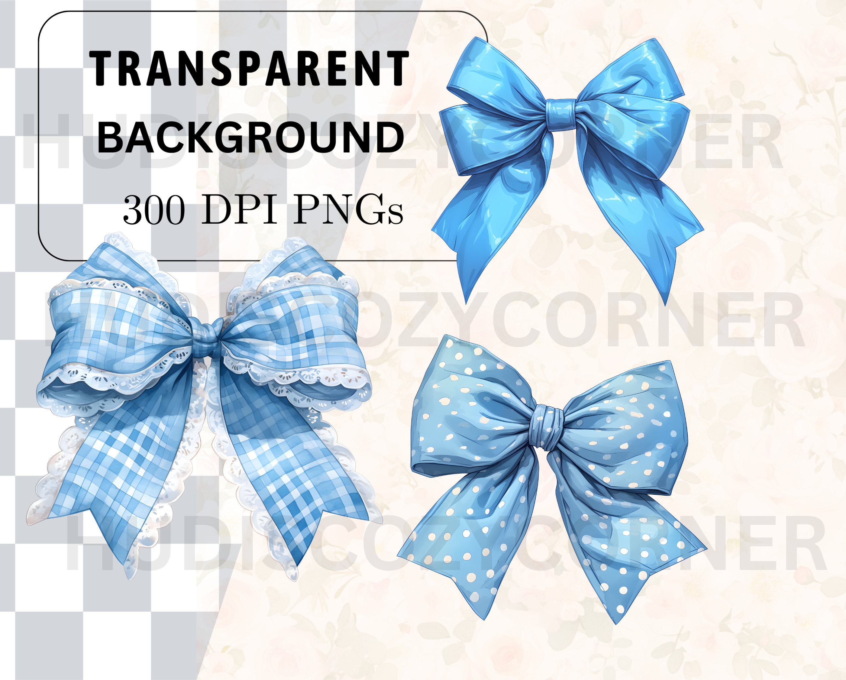 32 Cute Blue Gingham Bow Clipart Bundle, Watercolor Blue Lace and Satin ...
