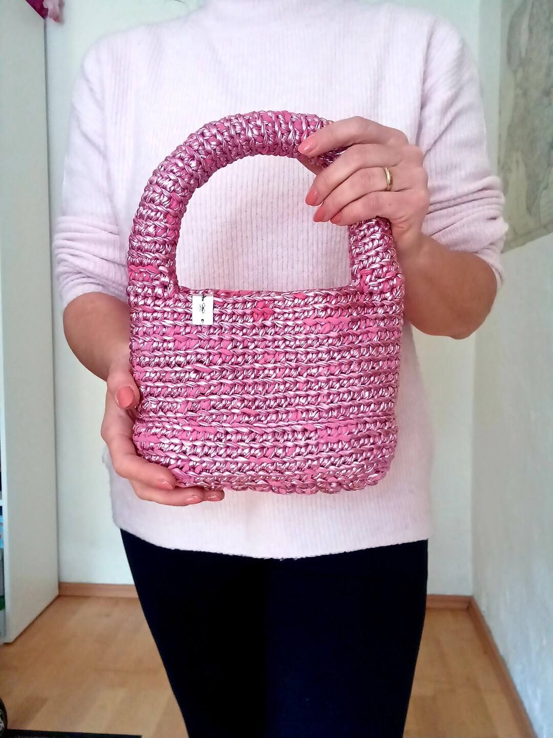 Crochet Mini Handbag, Handmade Rose Clutch, Sparkle Pink Handbag ...