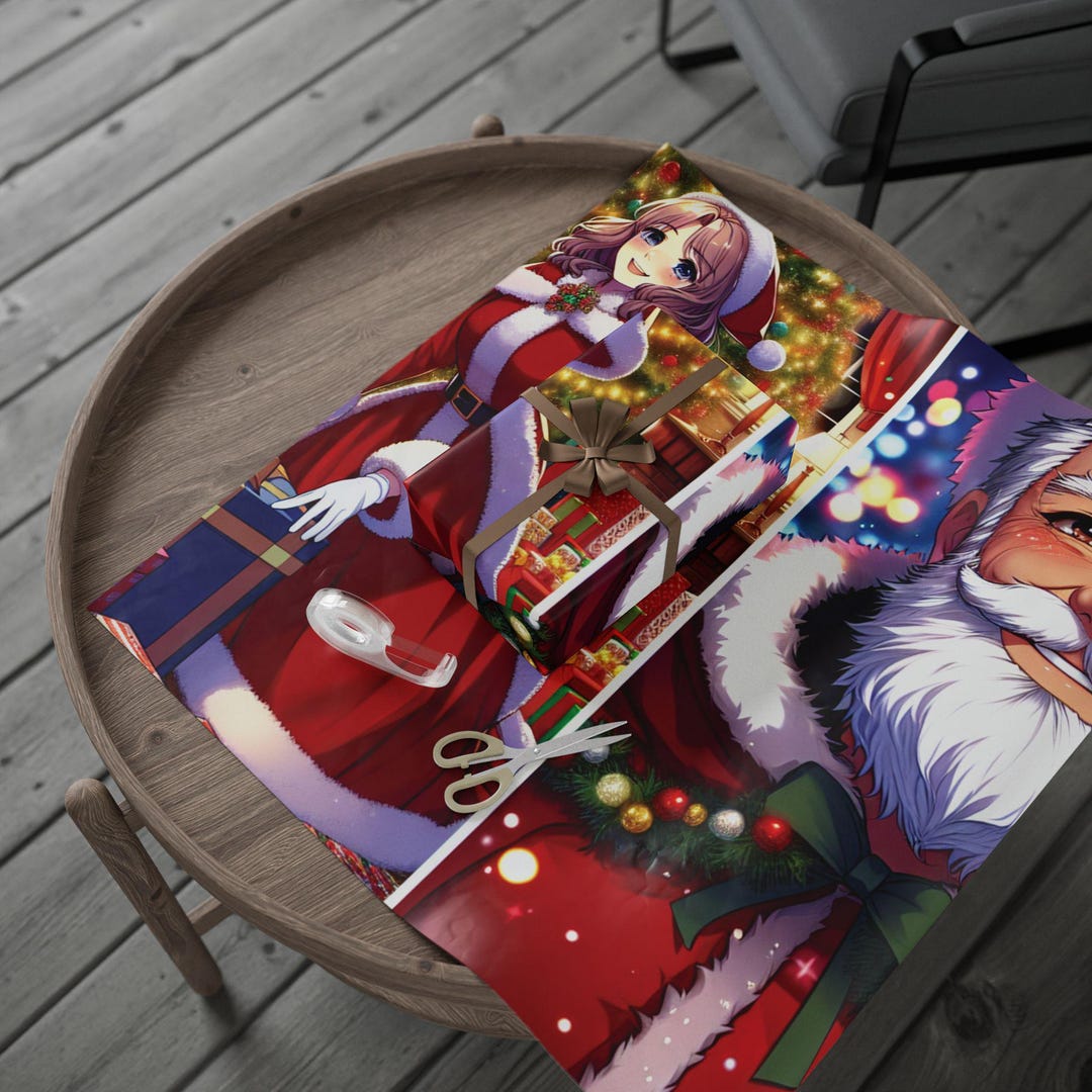 Santa and Ms. Clause Anime Wrapping Paper, Festive Holiday Gift Wrap ...