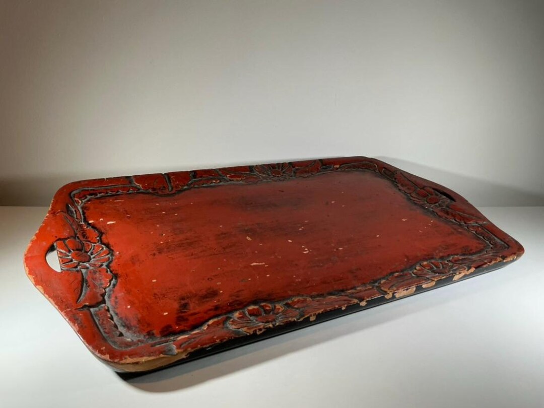 Vintage Japanese Lacquered Serving Tray | Red & Black Floral Design ...