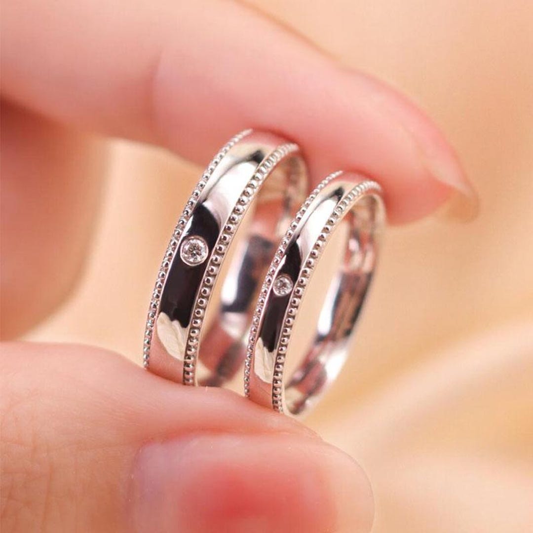 18K Gold Diamond Couple Rings, Custom Engraved Vintage Niche Wedding ...