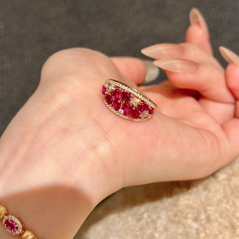 Vintage Style Ruby Garnet 10K Gold Bubble Ring, Women's Cocktail Ring ...