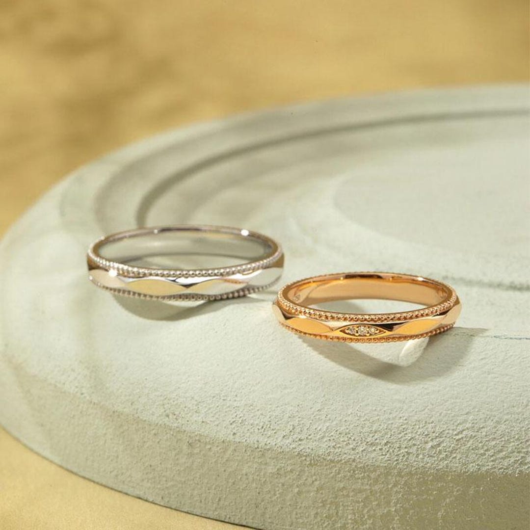 Pave Diamond Rhombus Wave Couple Rings, Minimalist Wedding Bands - Etsy
