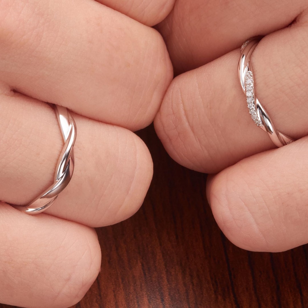 Ripple Twist 10K Gold Lab Diamond Couple Rings, Custom Engraved Niche ...