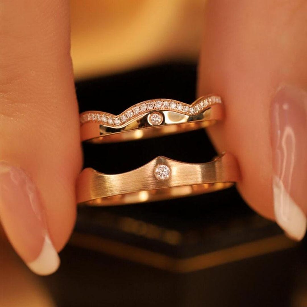 Matching Wave Couple Rings Rosegold Plated With Lab-grown Diamond ...